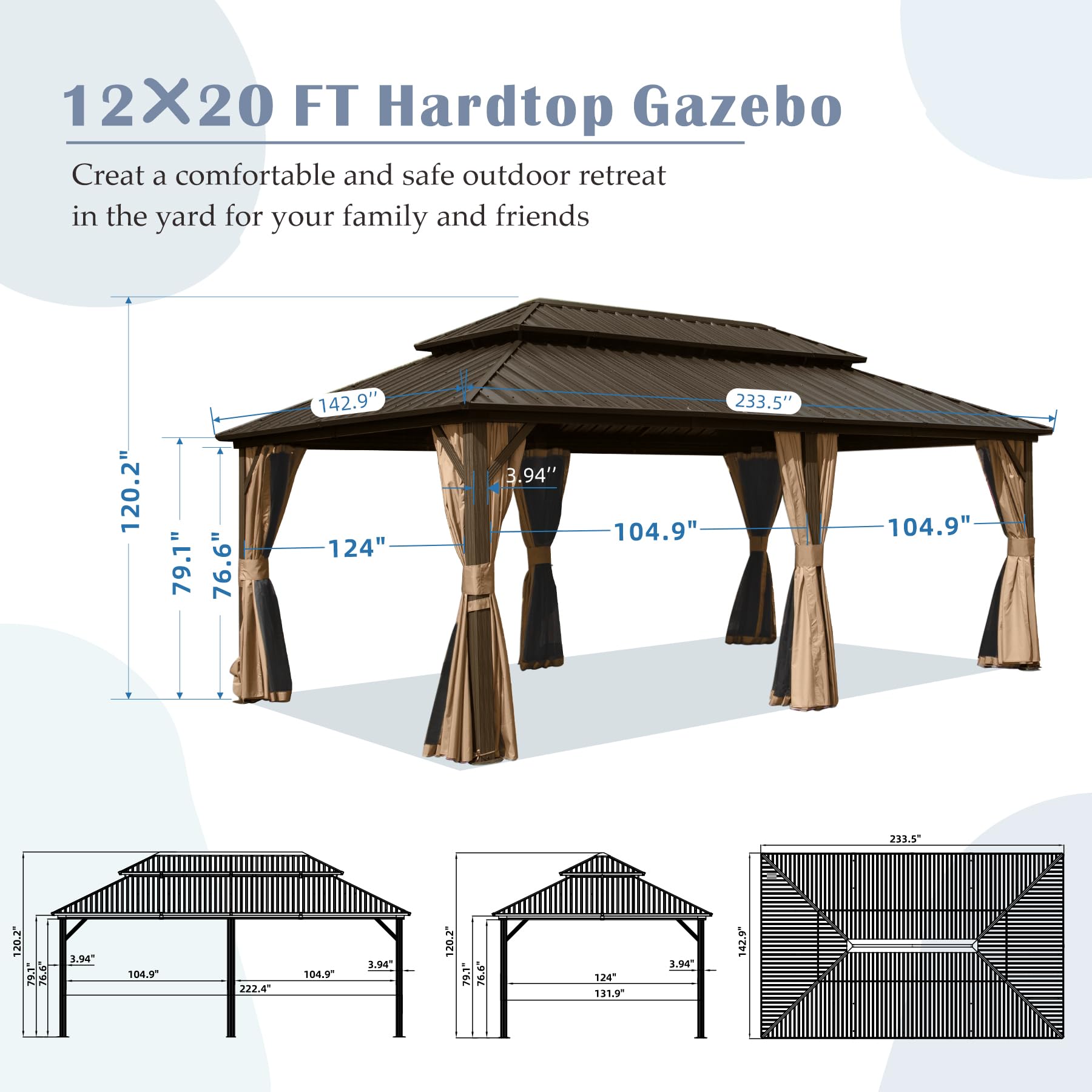 Domi 12' x 20' Hardtop Gazebo Permanent Metal Gazebo with Galvanized Steel Double Roof, Curtains and Netting for Party, Wedding, Outdoor Dining, Patio, Backyard, Brown