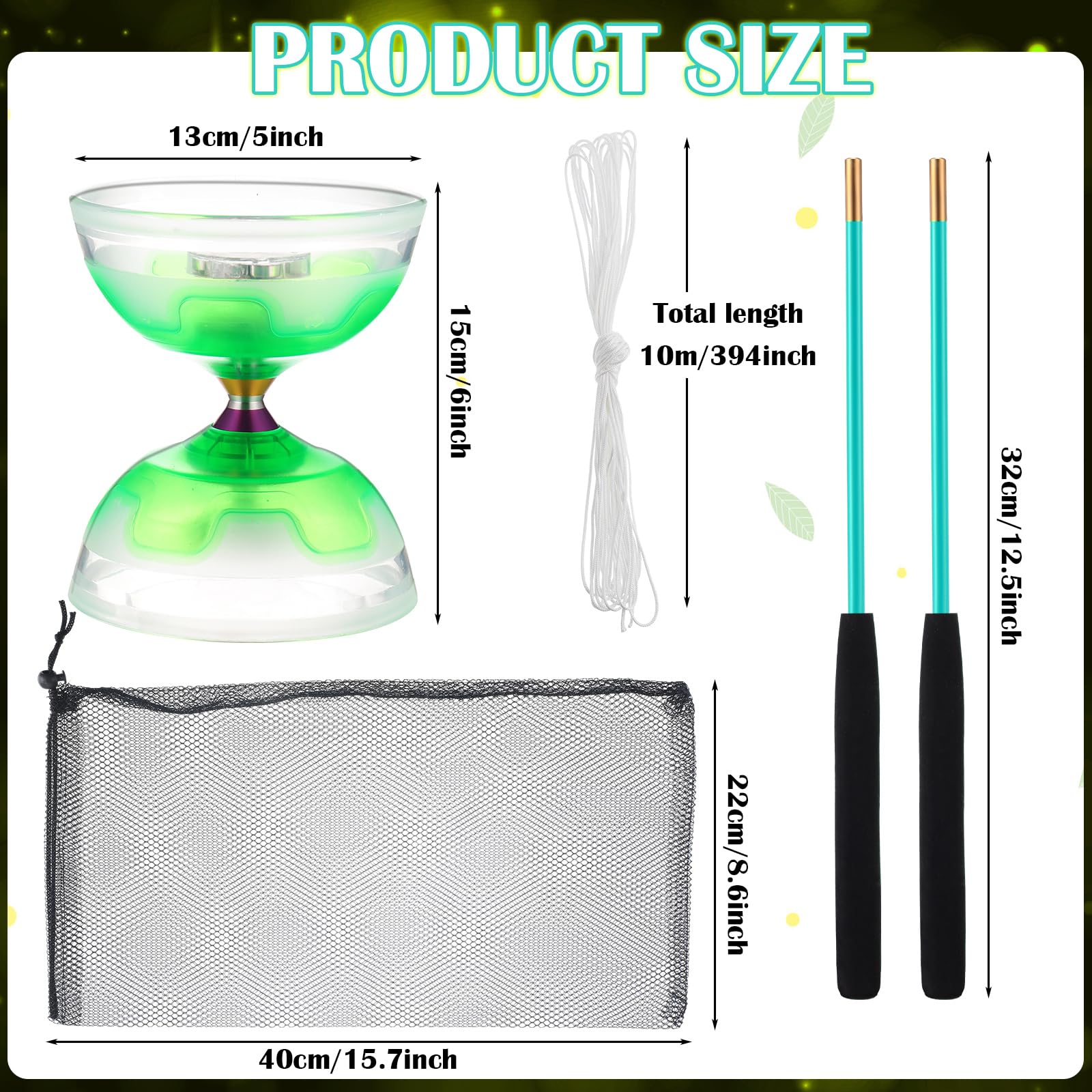 Chitidr Chinese Yoyo Diabolo Set Includes 5 Inch Colorful LED Diabolo Toy Light Up with 2 Pieces Diabolo Sticks, 1 Piece Diabolo String and 1 Piece Net Bag for Fun (Green)