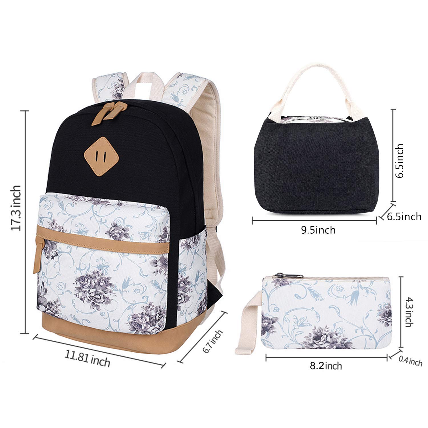 Bluboon School Backpack Set 3 Pieces Lightweight Canvas Teen Girls Bookbags Lunch Box Pencil Case (Black-flower)