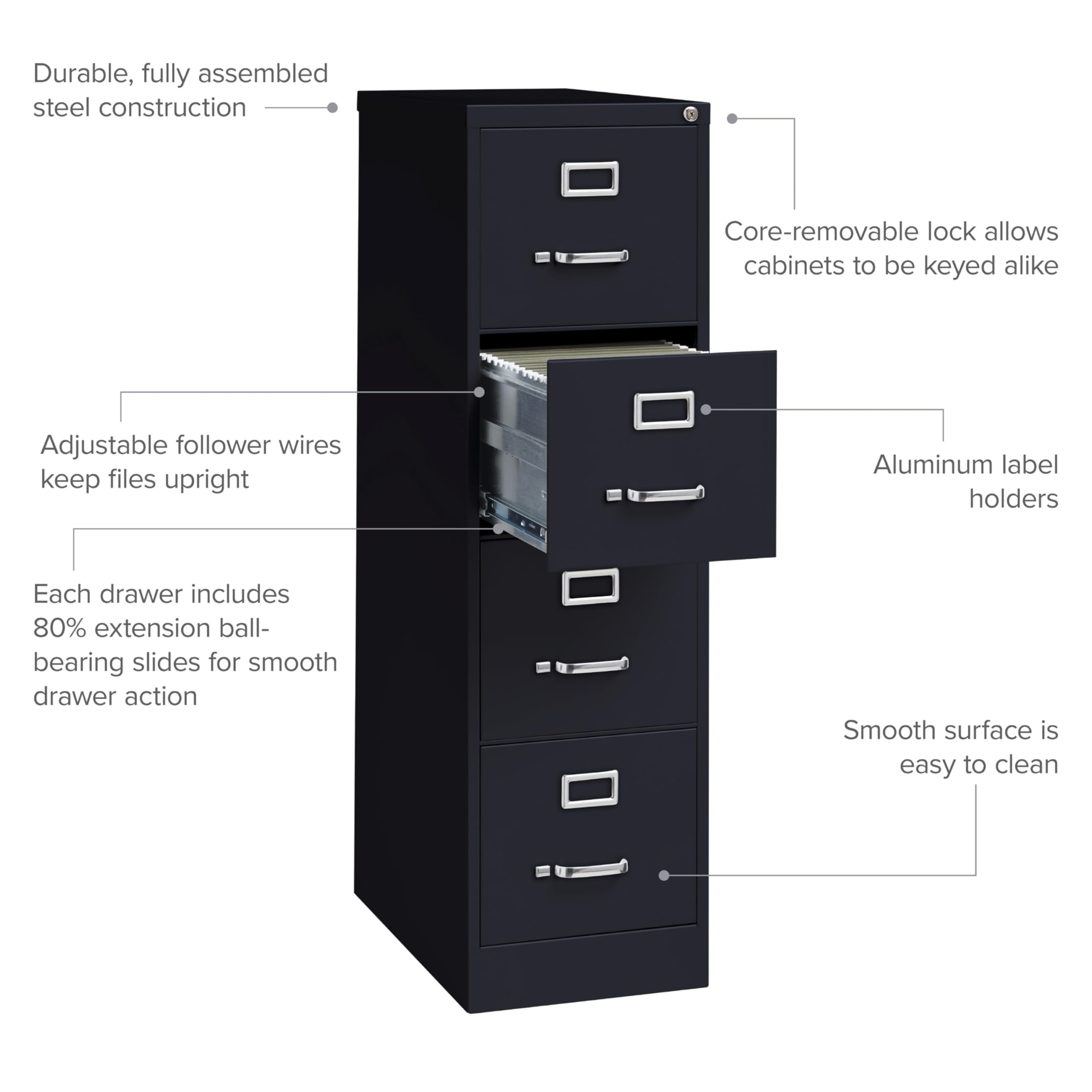 25" Deep Commercial 4 Drawer Letter Size High Side Vertical File Cabinet Color: Black