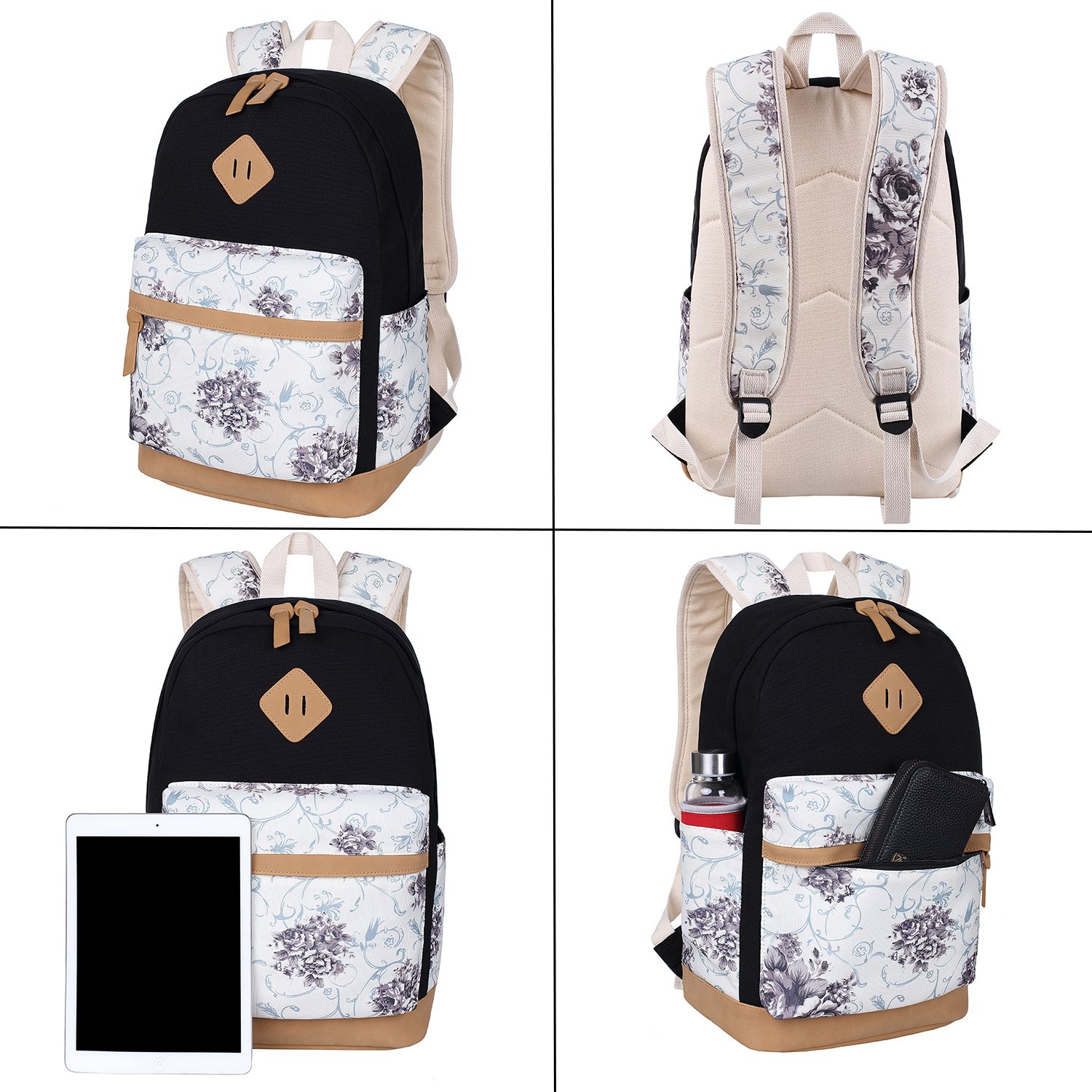Bluboon School Backpack Set 3 Pieces Lightweight Canvas Teen Girls Bookbags Lunch Box Pencil Case (Black-flower)