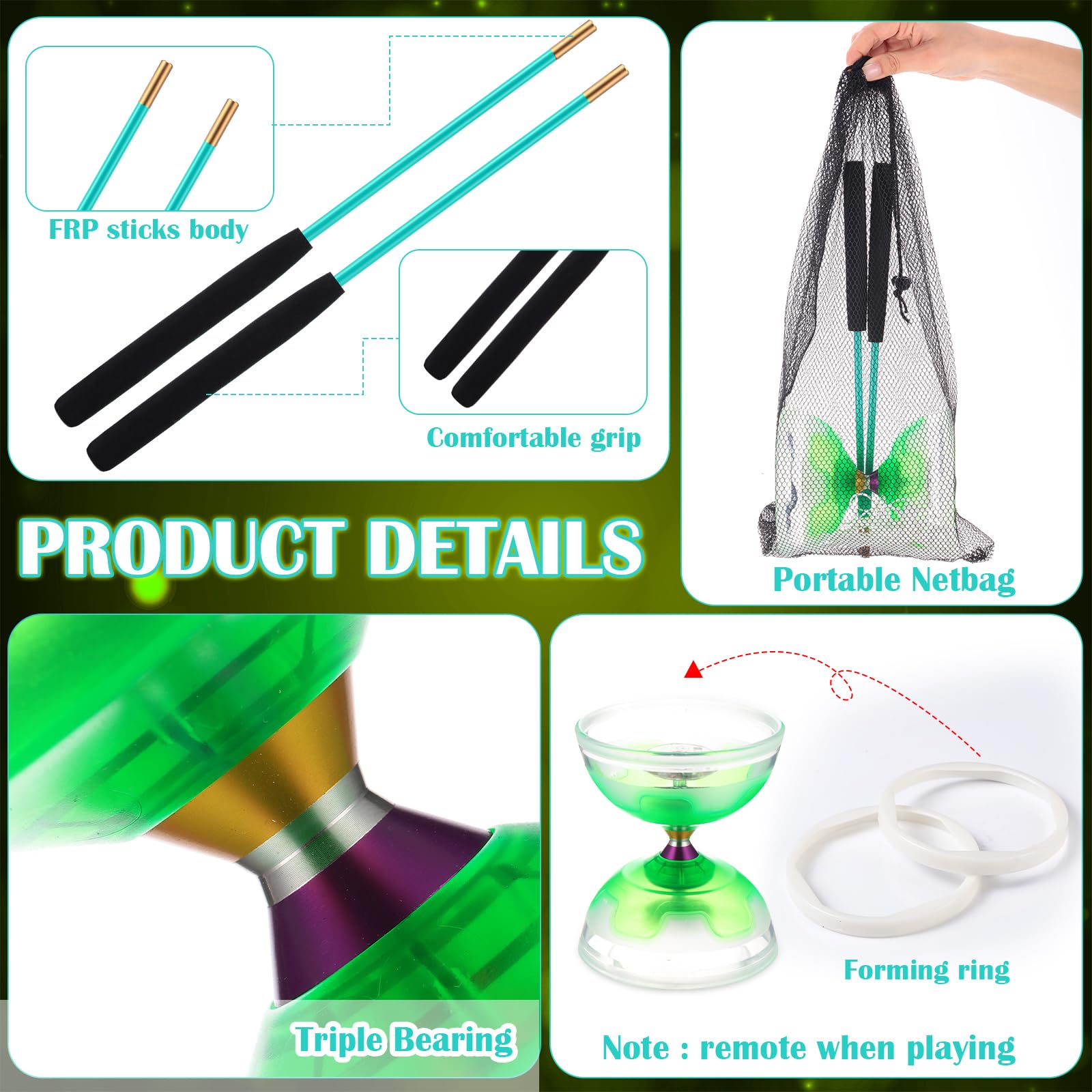 Chitidr Chinese Yoyo Diabolo Set Includes 5 Inch Colorful LED Diabolo Toy Light Up with 2 Pieces Diabolo Sticks, 1 Piece Diabolo String and 1 Piece Net Bag for Fun (Green)
