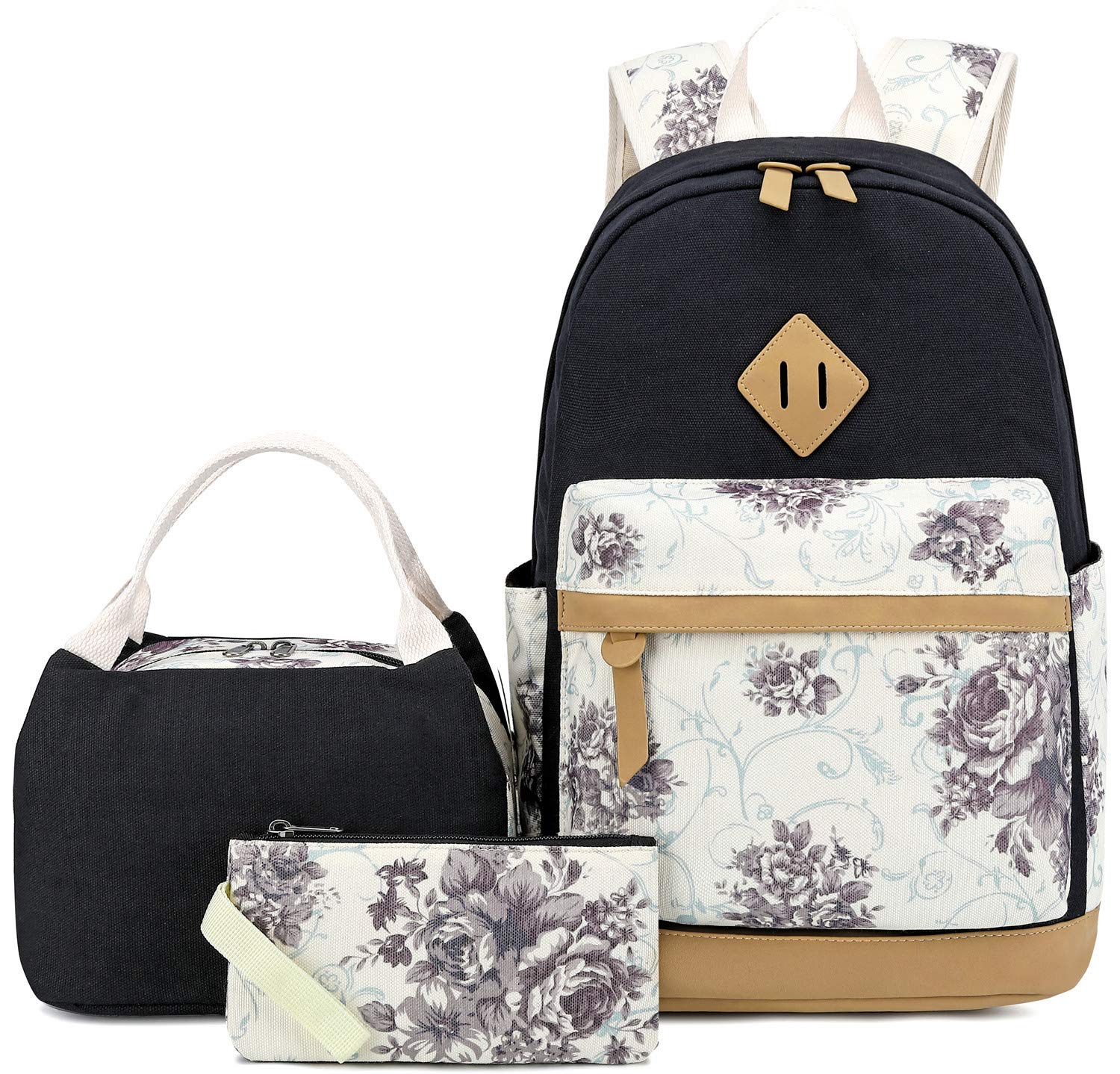 Bluboon School Backpack Set 3 Pieces Lightweight Canvas Teen Girls Bookbags Lunch Box Pencil Case (Black-flower)