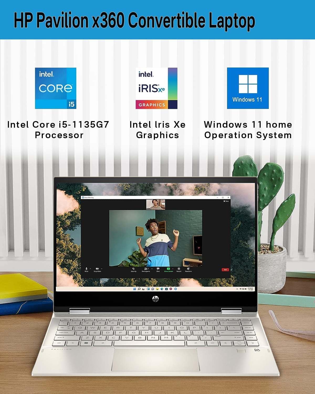HP Pavilion x360 2-in-1 Convertible Laptop, 14" FHD Touchscreen, Intel Core i5-1135G7, 8GB RAM, 256GB SSD, College & Business Notebook, Fingerprint Reader, Webcam, Win 11 H, Bundle with JAWFOAL