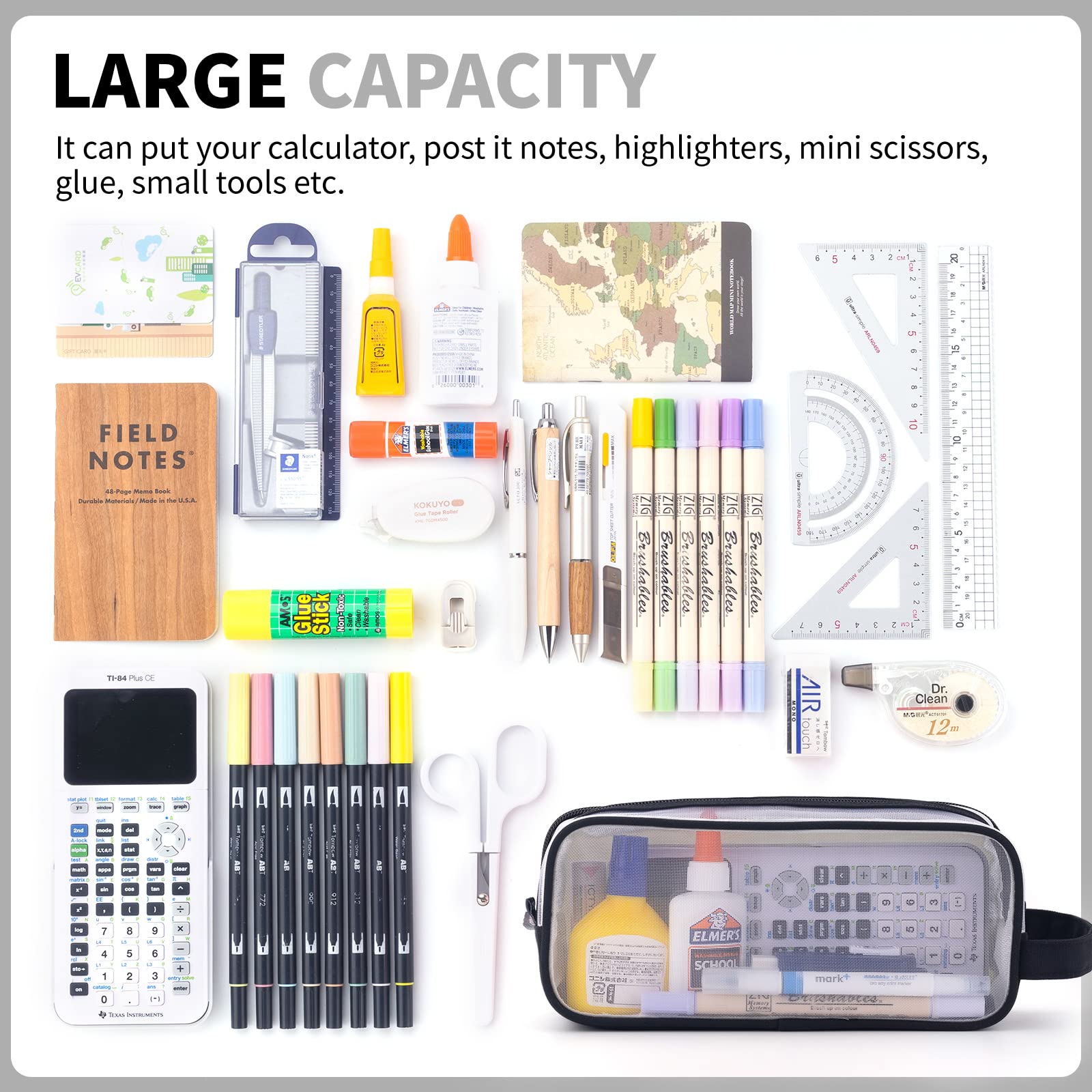 ANGOOBABY Large Grid Mesh Pencil Case 2 Compartment Pen Bag Clear Handheld Multifunction Pencil Pouch Transparent Makeup Bag for Teen Student College Business Travel Office Adult - Black