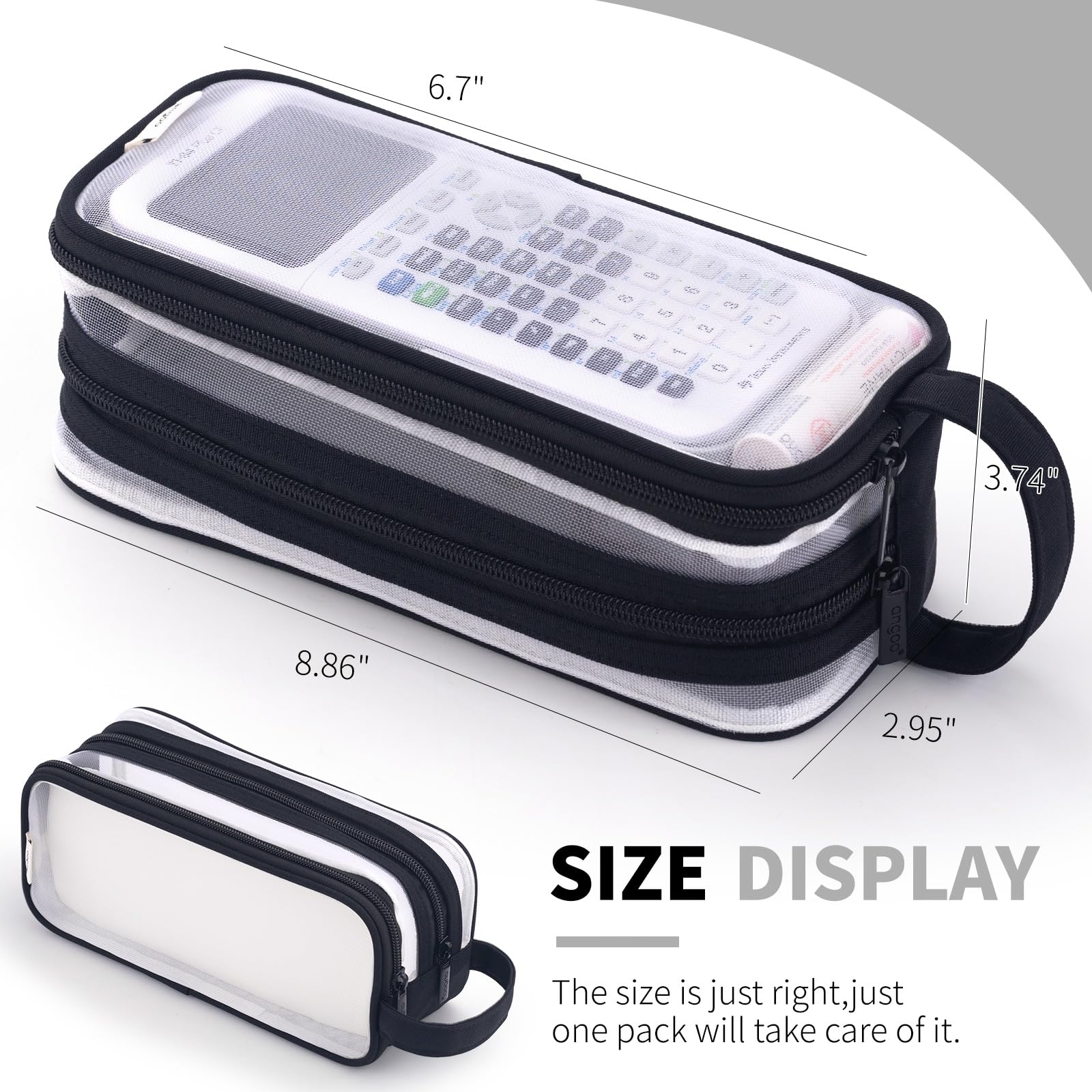 ANGOOBABY Large Grid Mesh Pencil Case 2 Compartment Pen Bag Clear Handheld Multifunction Pencil Pouch Transparent Makeup Bag for Teen Student College Business Travel Office Adult - Black