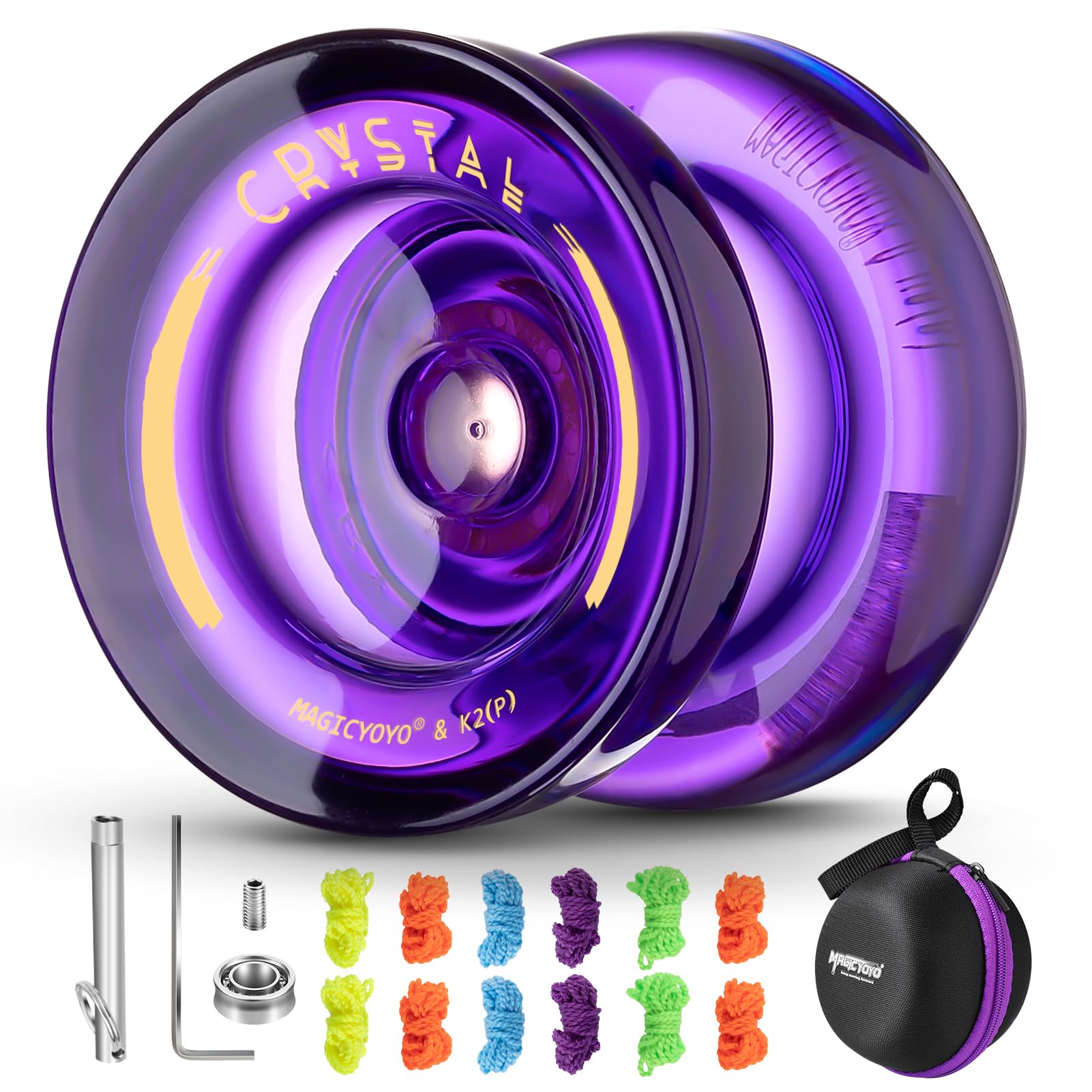 Responsive Yoyo for Kids K2 Crystal Purple , Dual Purpose Plastic Yo-Yo for Beginners, Replacement Unresponsive Ball Bearing for Advanced Yo yo Players + Removal Bearing Tool + 12 Yoyo Strings + Bag