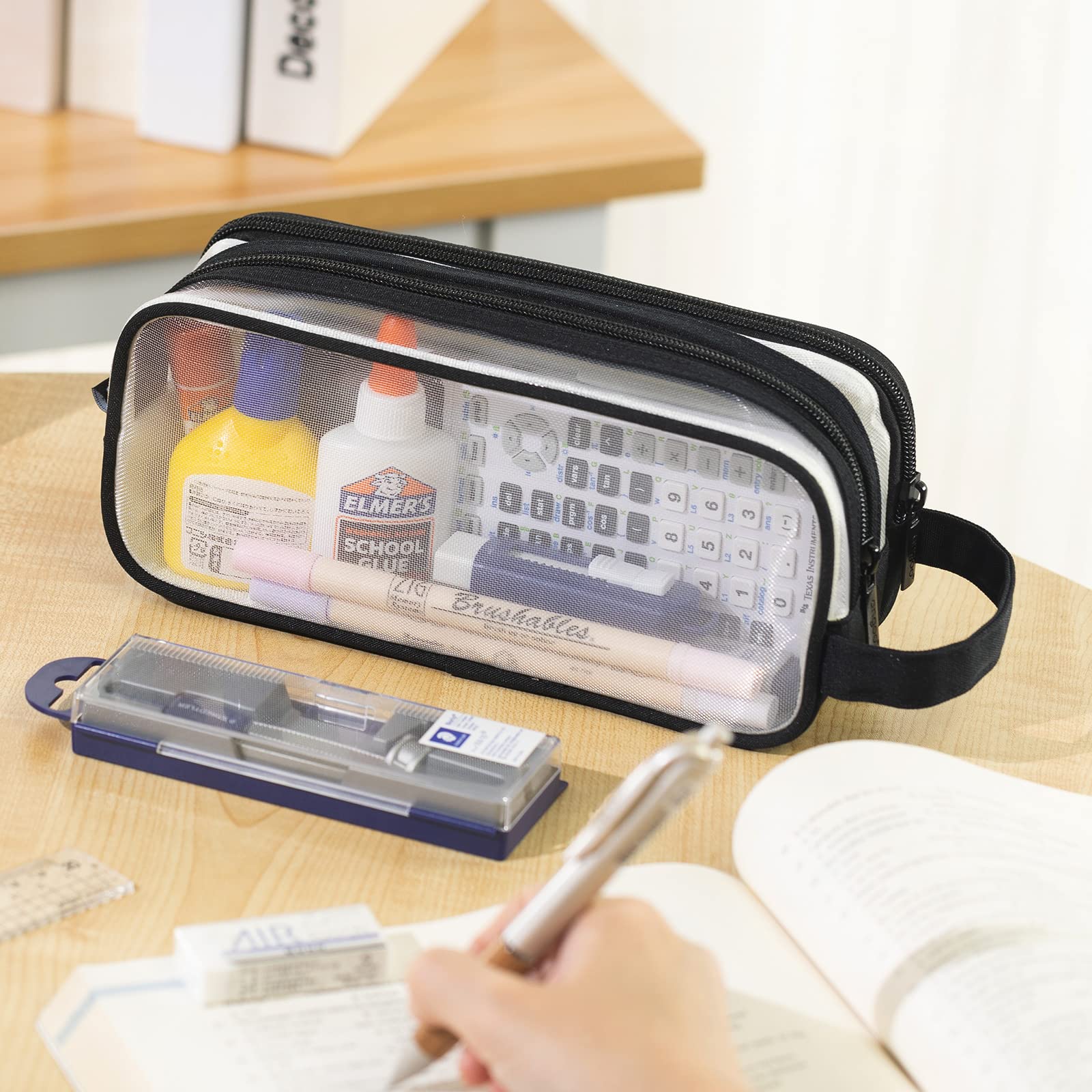 ANGOOBABY Large Grid Mesh Pencil Case 2 Compartment Pen Bag Clear Handheld Multifunction Pencil Pouch Transparent Makeup Bag for Teen Student College Business Travel Office Adult - Black