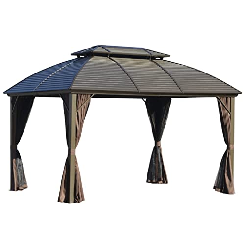 LHLLHL 10x12 Hardtop Gazebo with Aluminum Frame, Metal Roof Gazebo Canopy with Curtains and Netting for Gardens, Patios