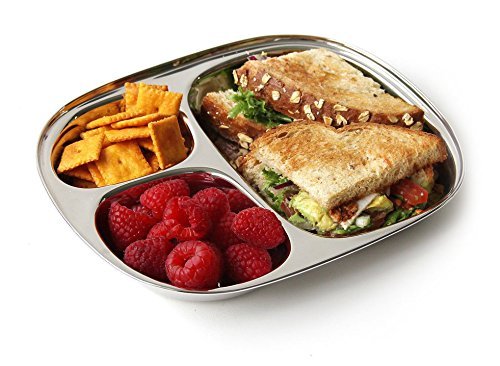 WhopperIndia Stainless Steel 3 Compartment Oval Plate, Thali, Mess Tray, Dinner Plate Set of 2
