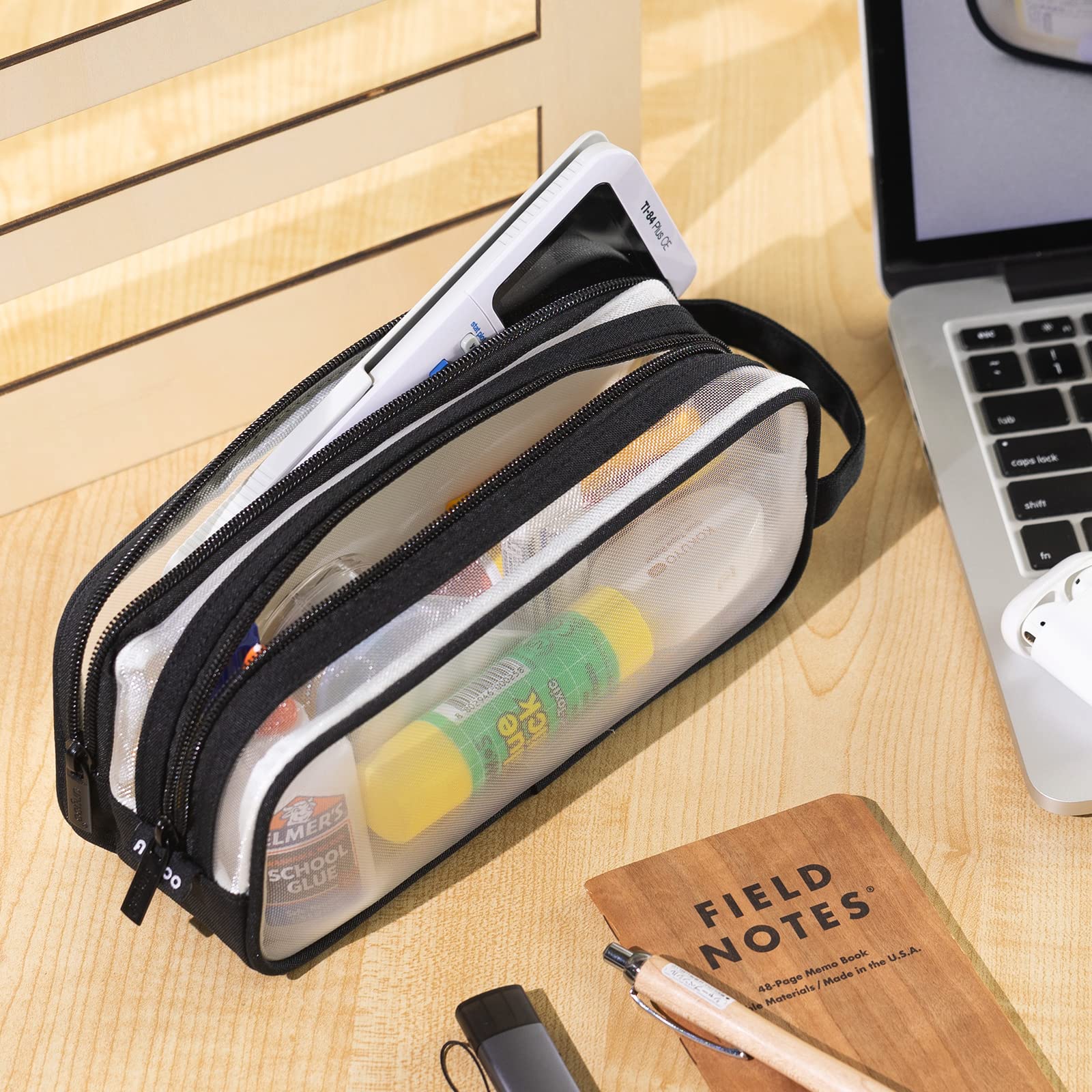 ANGOOBABY Large Grid Mesh Pencil Case 2 Compartment Pen Bag Clear Handheld Multifunction Pencil Pouch Transparent Makeup Bag for Teen Student College Business Travel Office Adult - Black