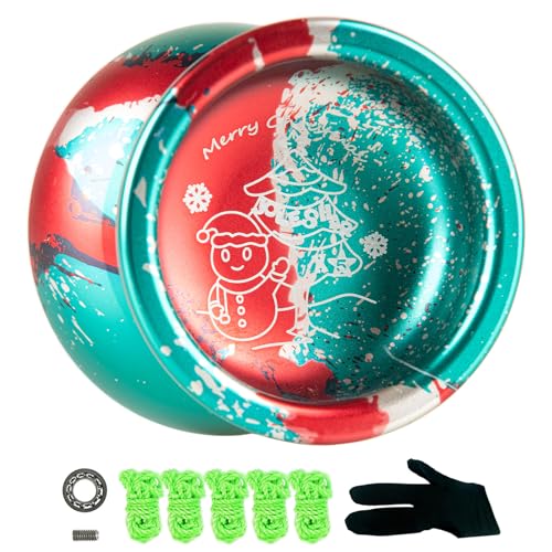 Professional Responsive Yoyo, Christmas Aluminum Yo Yo for Kids Beginner, Replacement Unresponsive Ball Bearing for Advanced Yoyo Players + 1 Glove + 5 Yoyo Strings (Christmas Red-Green)