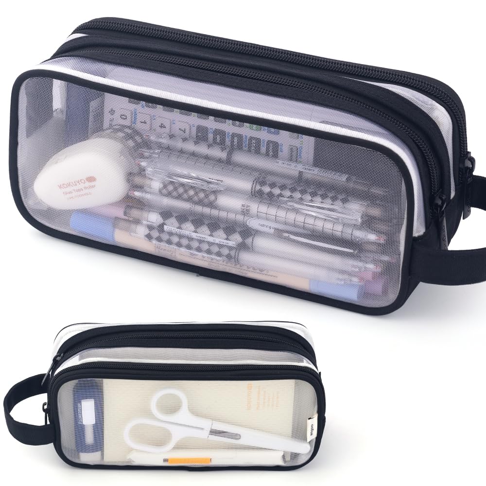 ANGOOBABY Large Grid Mesh Pencil Case 2 Compartment Pen Bag Clear Handheld Multifunction Pencil Pouch Transparent Makeup Bag for Teen Student College Business Travel Office Adult - Black