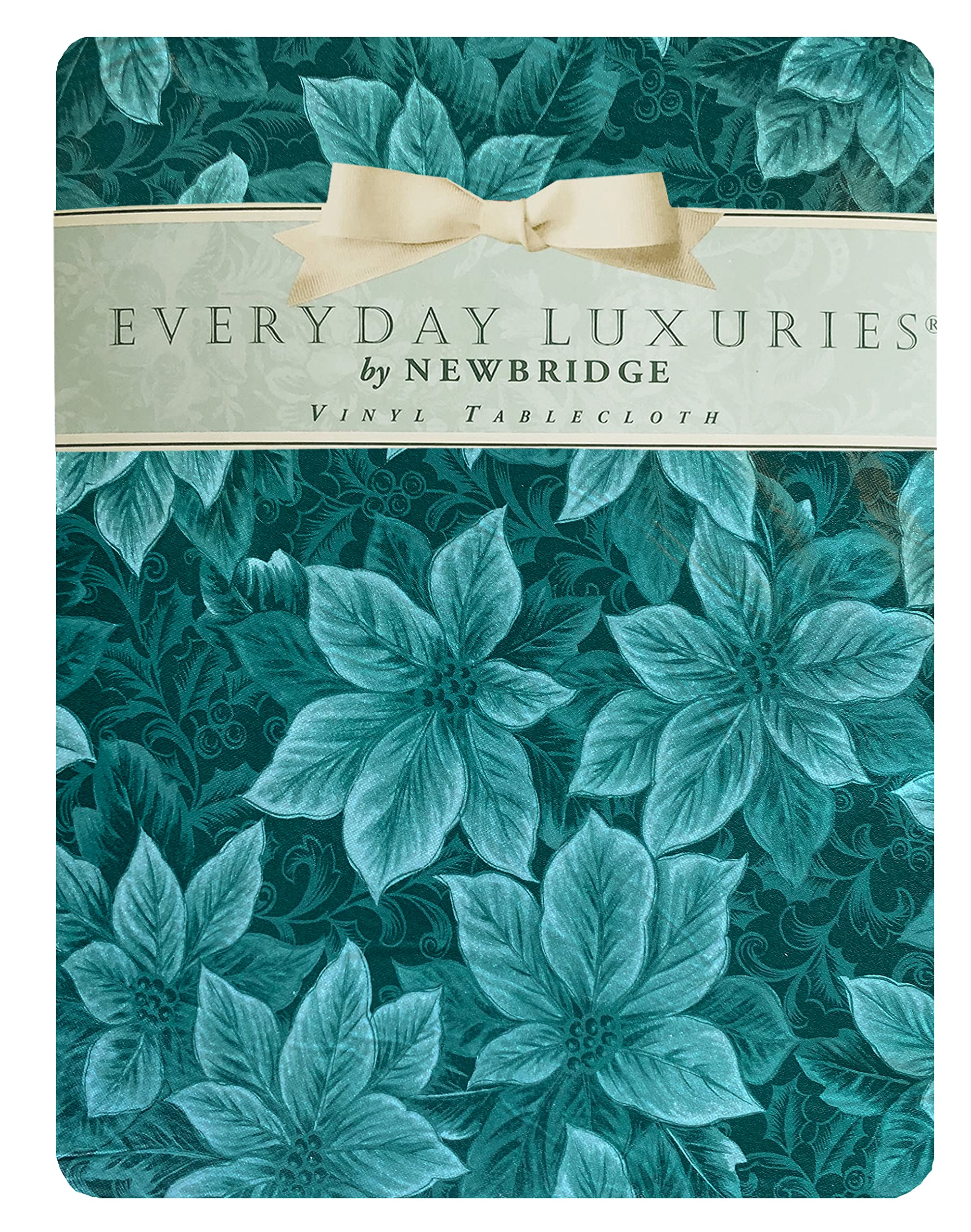 Newbridge Hunter Green Poinsettia Scroll Vinyl Christmas Tablecloth with Flannel Backing, Poinsettia and Holly Damask Look Vinyl Flannel Back Tablecloth, 60β x 102β Oblong/Rectangle