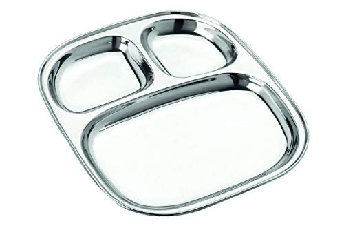 WhopperIndia Stainless Steel 3 Compartment Oval Plate, Thali, Mess Tray, Dinner Plate Set of 2