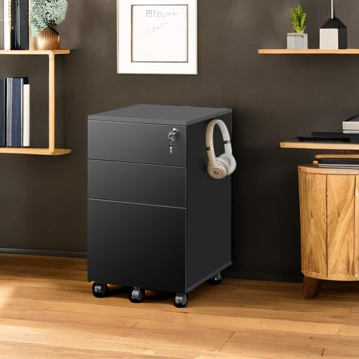 DEVAISE 3 Drawer File Cabinet with Lock, Small Rolling Filing Cabinet Under Desk, Wood Office Drawers Fits Letter/Legal/A4 Size Folders, Black