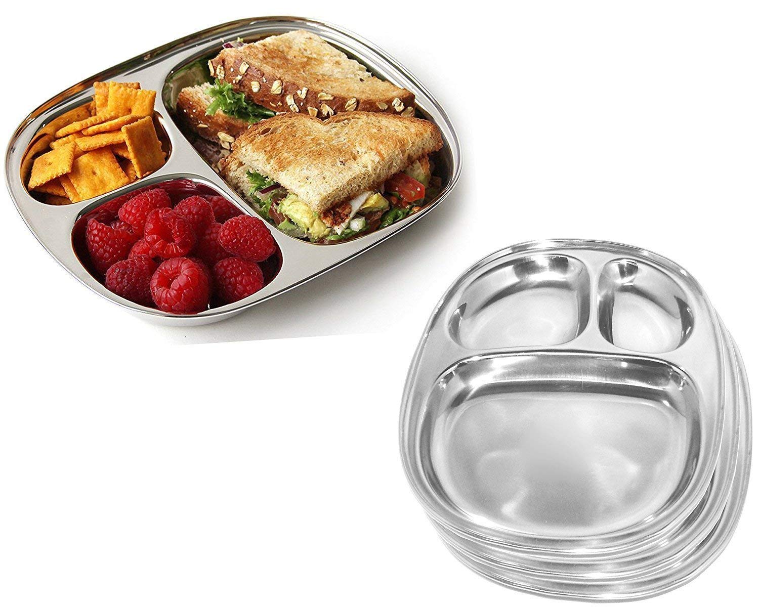 WhopperIndia Stainless Steel 3 Compartment Oval Plate, Thali, Mess Tray, Dinner Plate Set of 2