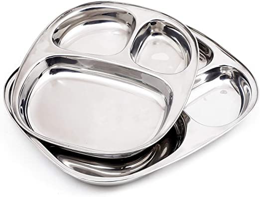 WhopperIndia Stainless Steel 3 Compartment Oval Plate, Thali, Mess Tray, Dinner Plate Set of 2