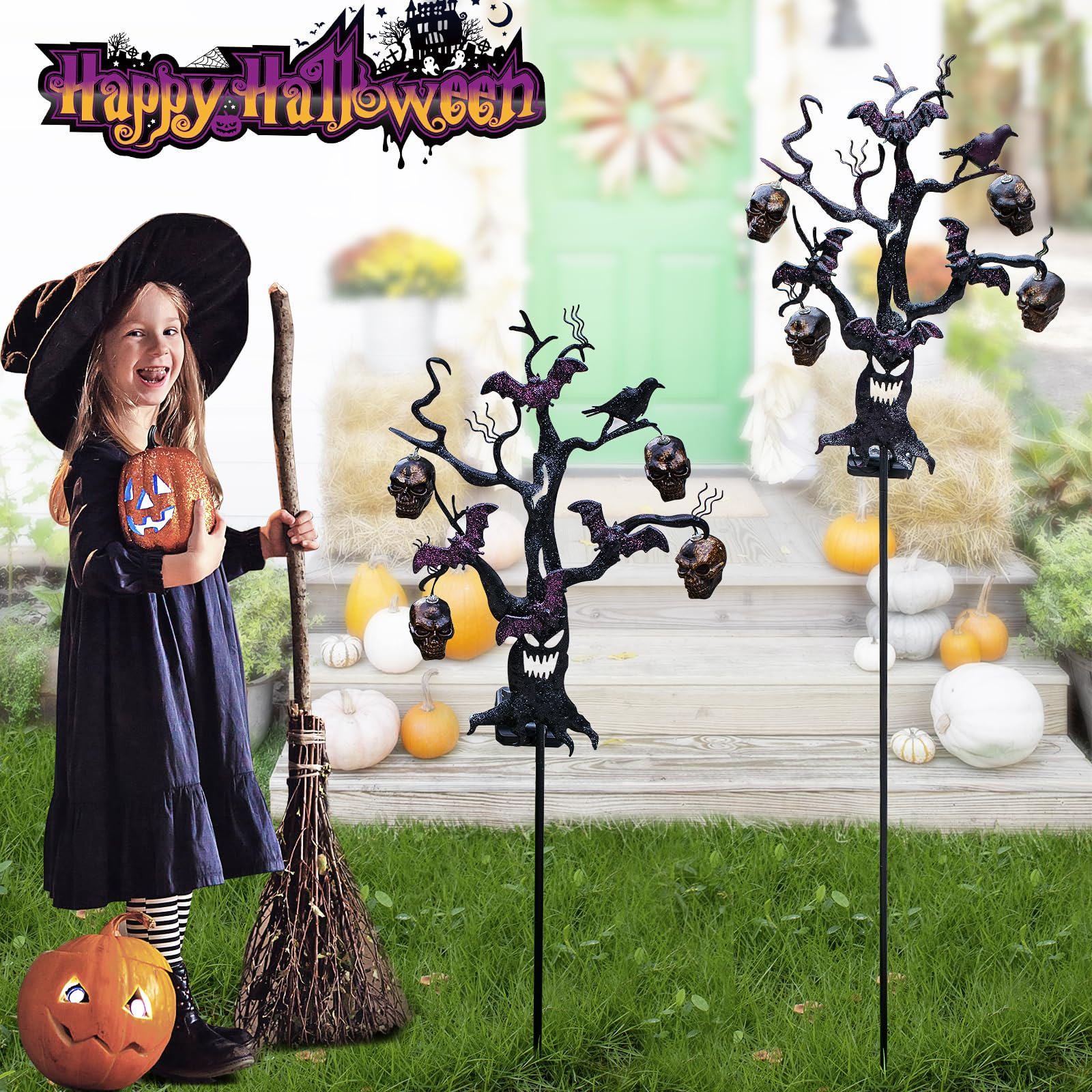Halloween Solar Light Outdoor Decorations Waterproof 2Pack,Scary Iron Art Pathway Lights Metal Yard Garden Stake Lights Outdoor Lawn Yard Porch Ornaments Bat Skull Tree Party Decor