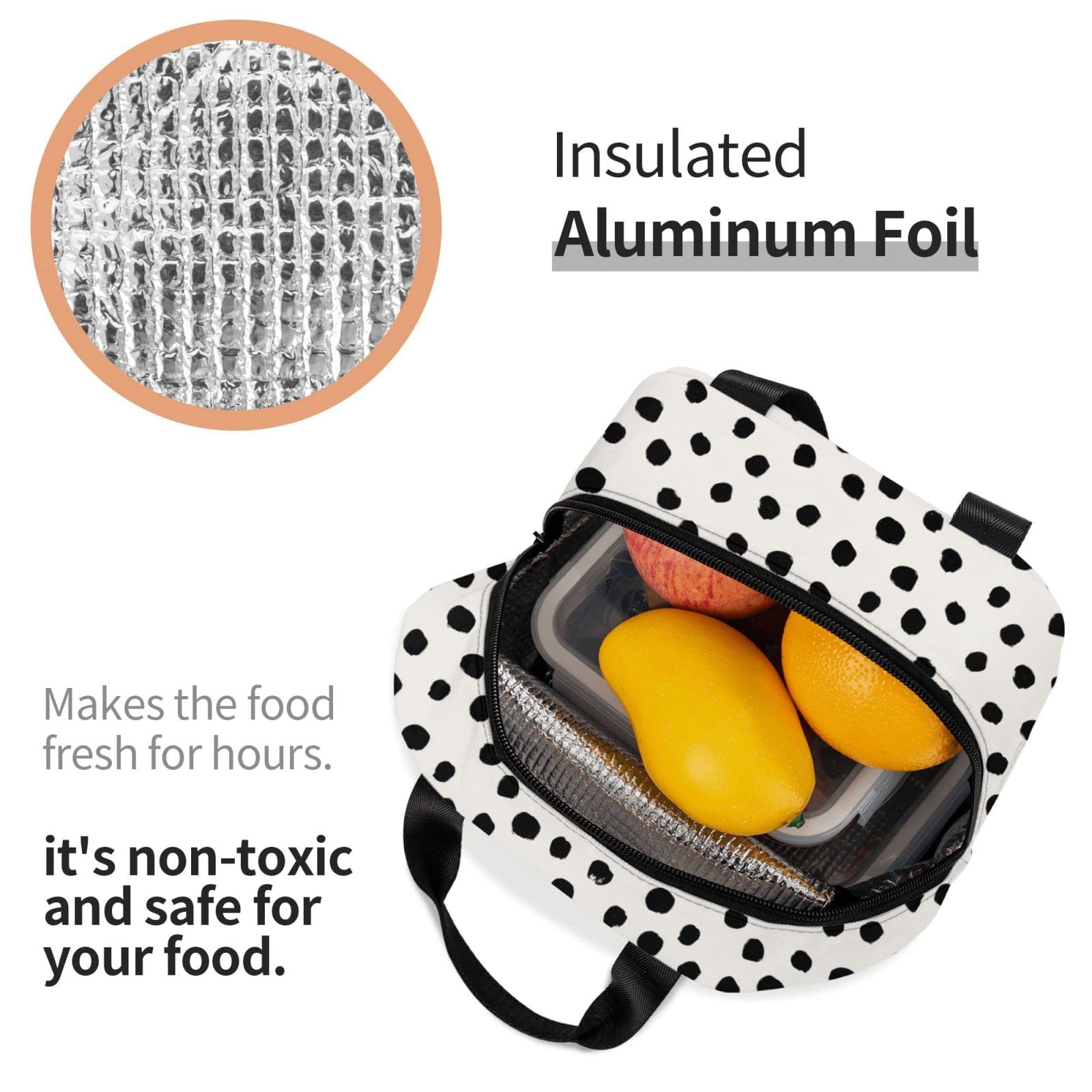 Insulated Lunch Bag Reusable Lunch Box, Cooler Lunch Tote Bag with Front Pocket for Picnic Office Work, Cute Black And White Polka Dot