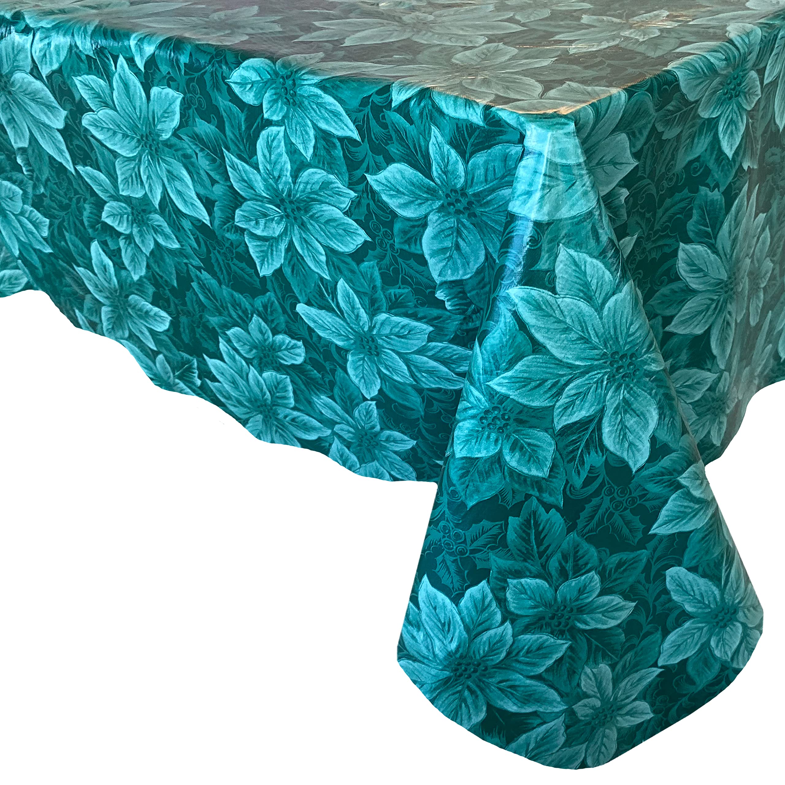 Newbridge Hunter Green Poinsettia Scroll Vinyl Christmas Tablecloth with Flannel Backing, Poinsettia and Holly Damask Look Vinyl Flannel Back Tablecloth, 60β x 102β Oblong/Rectangle