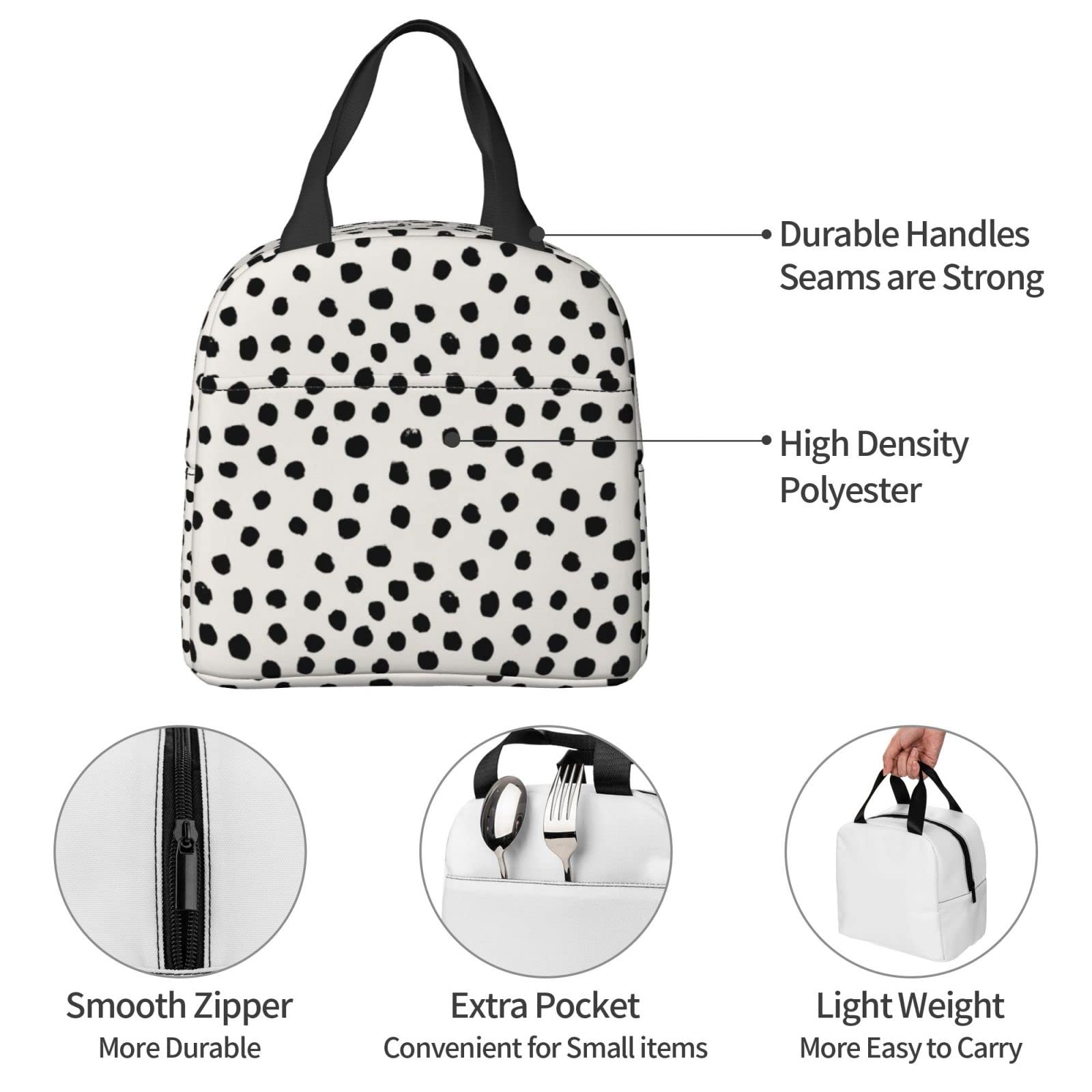 Insulated Lunch Bag Reusable Lunch Box, Cooler Lunch Tote Bag with Front Pocket for Picnic Office Work, Cute Black And White Polka Dot