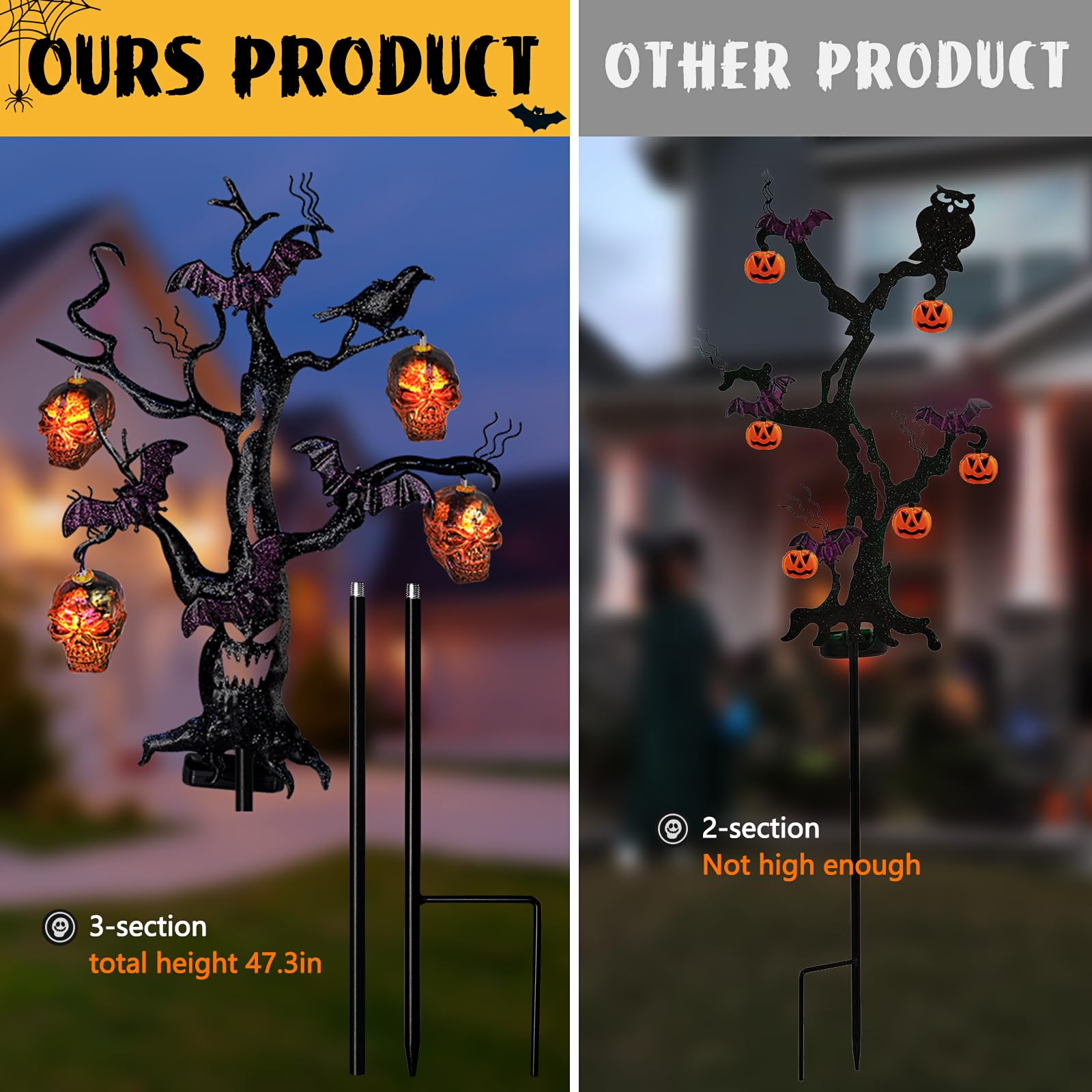 Halloween Solar Light Outdoor Decorations Waterproof 2Pack,Scary Iron Art Pathway Lights Metal Yard Garden Stake Lights Outdoor Lawn Yard Porch Ornaments Bat Skull Tree Party Decor