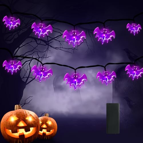 cyindzchwy 2 Pack Halloween Bat Lights, Battery Operated Purple Fairy Lights with 2 Modes, Purple Bat Lights with 20 LEDs, Halloween Lights for Home Door Porch Party Decorations