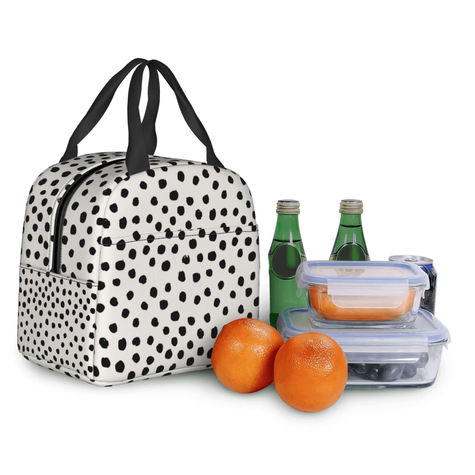 Insulated Lunch Bag Reusable Lunch Box, Cooler Lunch Tote Bag with Front Pocket for Picnic Office Work, Cute Black And White Polka Dot