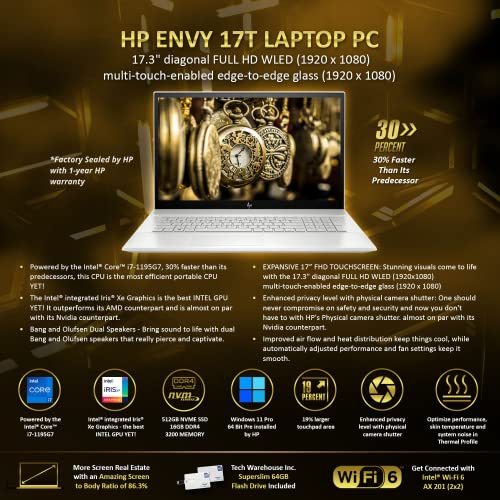 HP Envy 17T Laptop i7-1195G7 11th gen, 16GB RAM, 512 GB NVMe SSD, 17.3" FHD Touch, Thunderbolt 4, Win 11 PRO, WiFi 6, B&O Speakers, USB-A, Intel Xe Graphics, Silver, 64GB Tech Warehouse Flashdrive