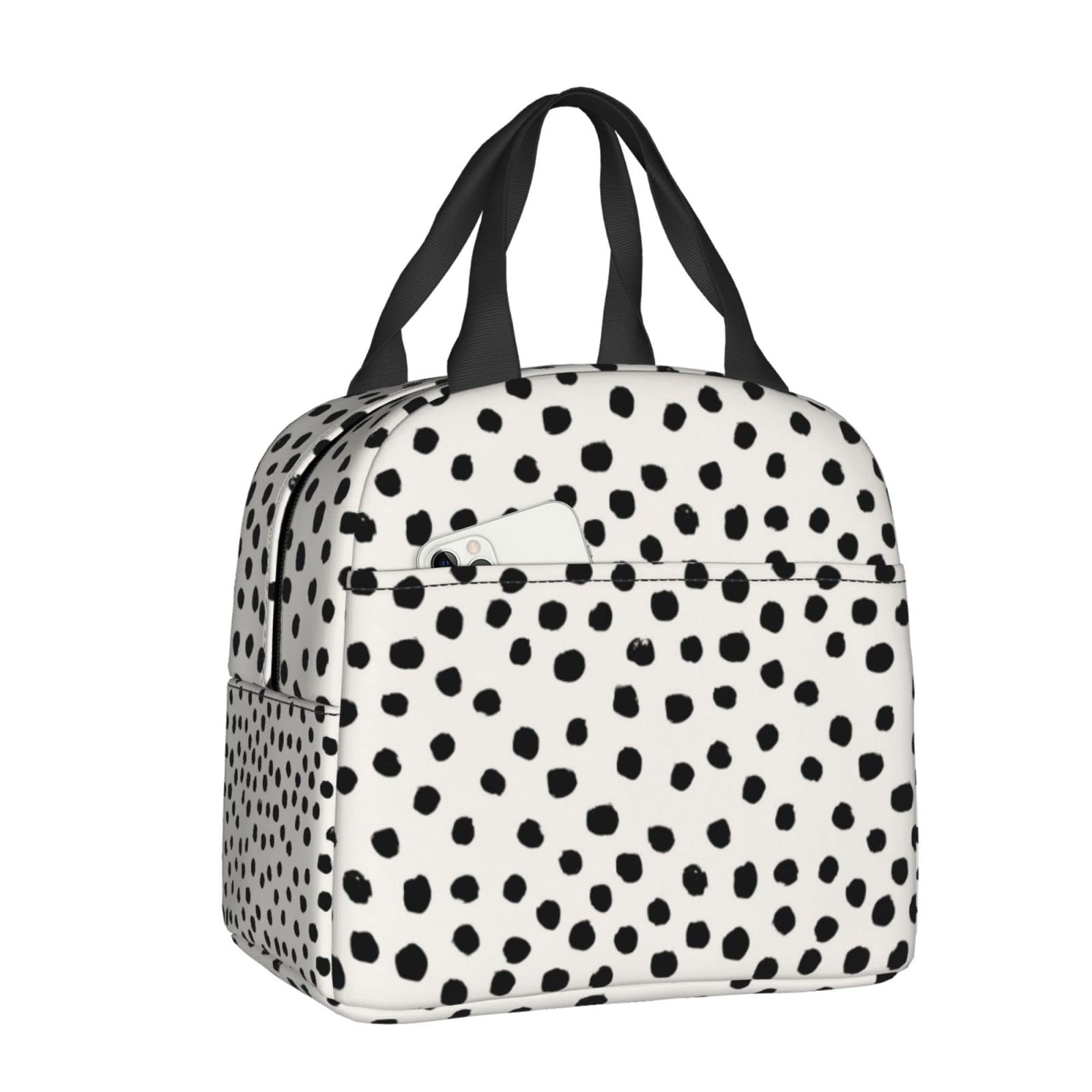 Insulated Lunch Bag Reusable Lunch Box, Cooler Lunch Tote Bag with Front Pocket for Picnic Office Work, Cute Black And White Polka Dot
