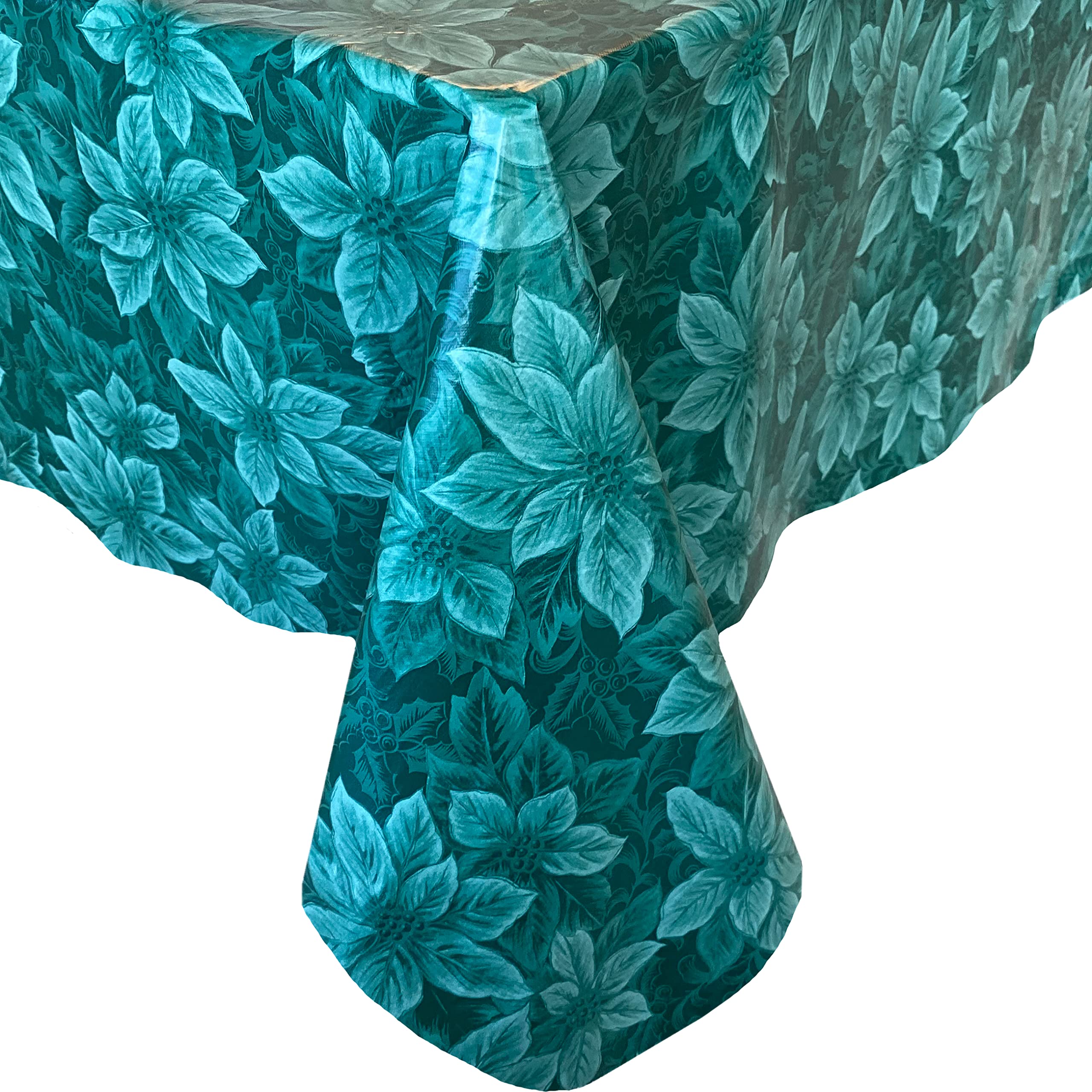 Newbridge Hunter Green Poinsettia Scroll Vinyl Christmas Tablecloth with Flannel Backing, Poinsettia and Holly Damask Look Vinyl Flannel Back Tablecloth, 60β x 102β Oblong/Rectangle