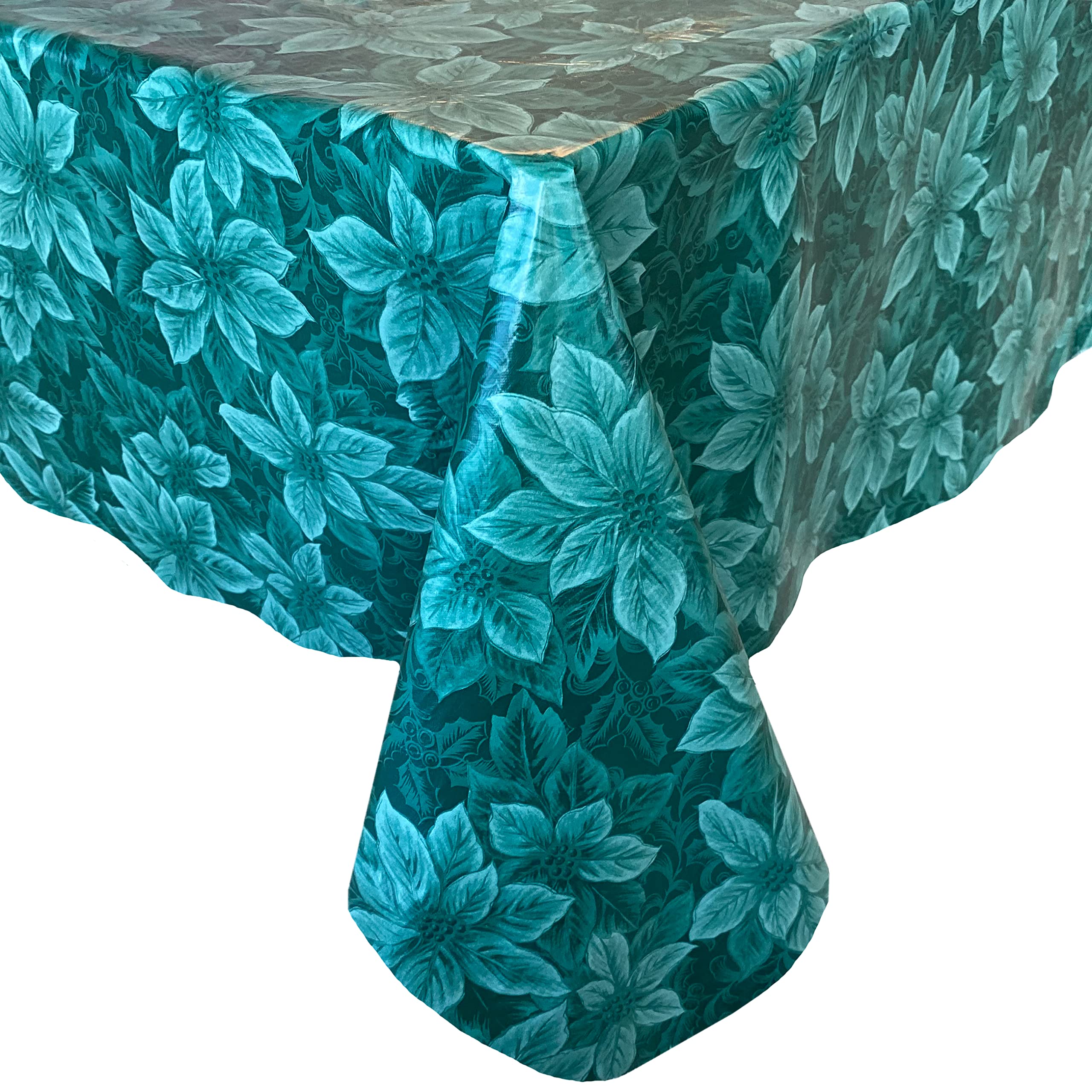 Newbridge Hunter Green Poinsettia Scroll Vinyl Christmas Tablecloth with Flannel Backing, Poinsettia and Holly Damask Look Vinyl Flannel Back Tablecloth, 60” x 102” Oblong/Rectangle