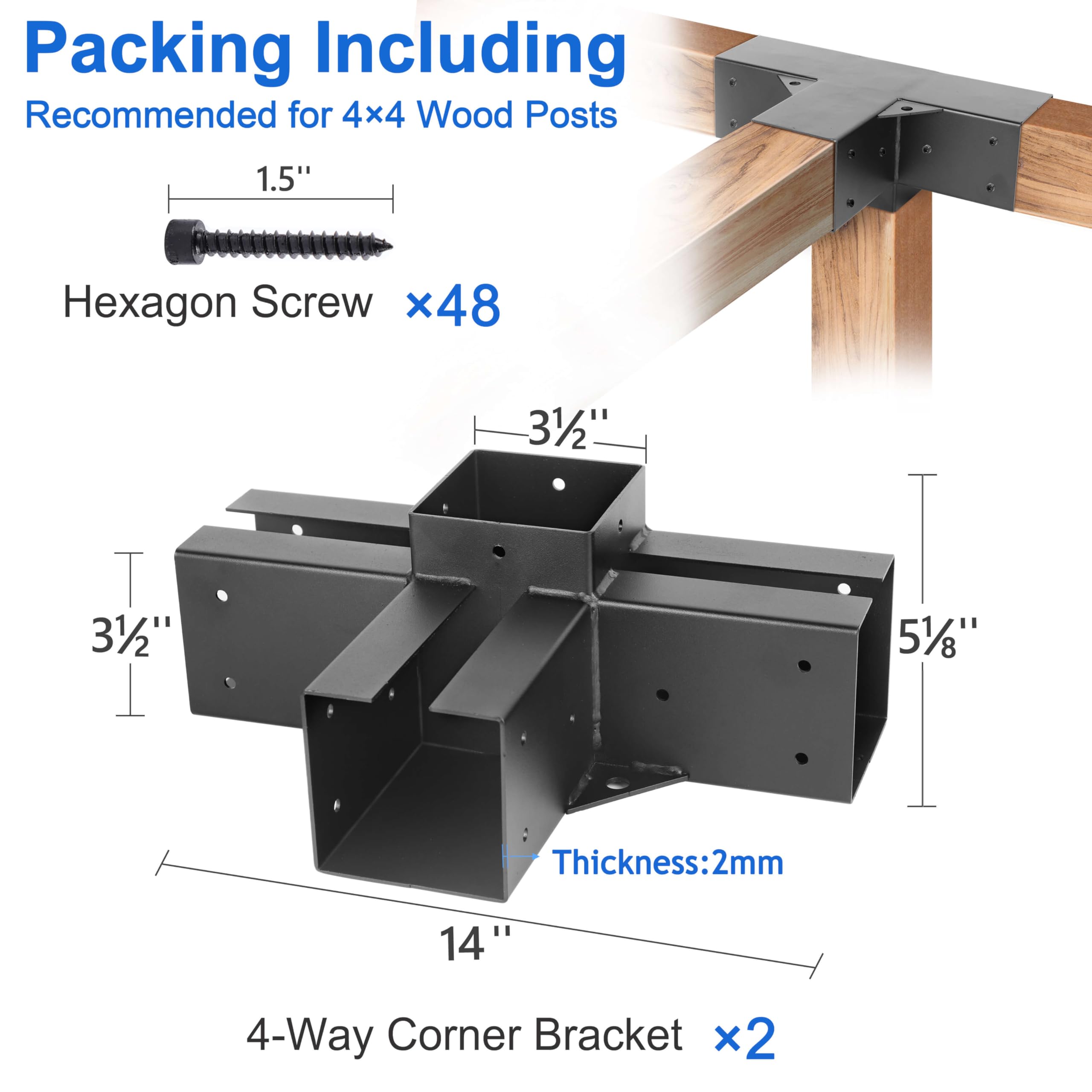 Wood Pergola Kit Bracket 4x4 – Stainless Steel 3-Way Pergola DIY Corner Bracket kit for 4x4 Wooden Beams for Gazebos, Patio Pergolas, Sheds, Black Finish (2 Pack)