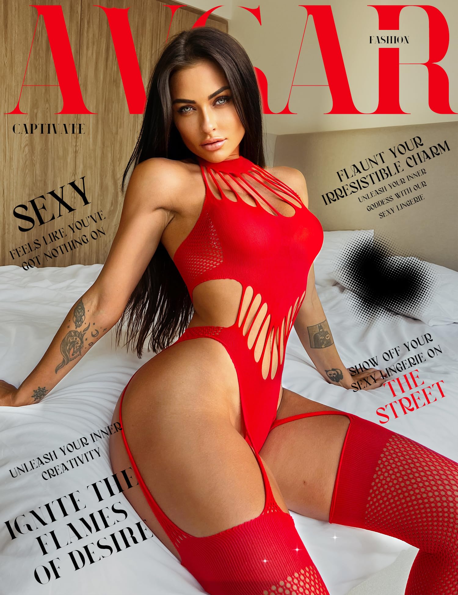 AVGAR Womens Fishnet Bodystocking Sexy Exotic Lingerie One Piece Lace Bodysuit Footless Stocking, Red