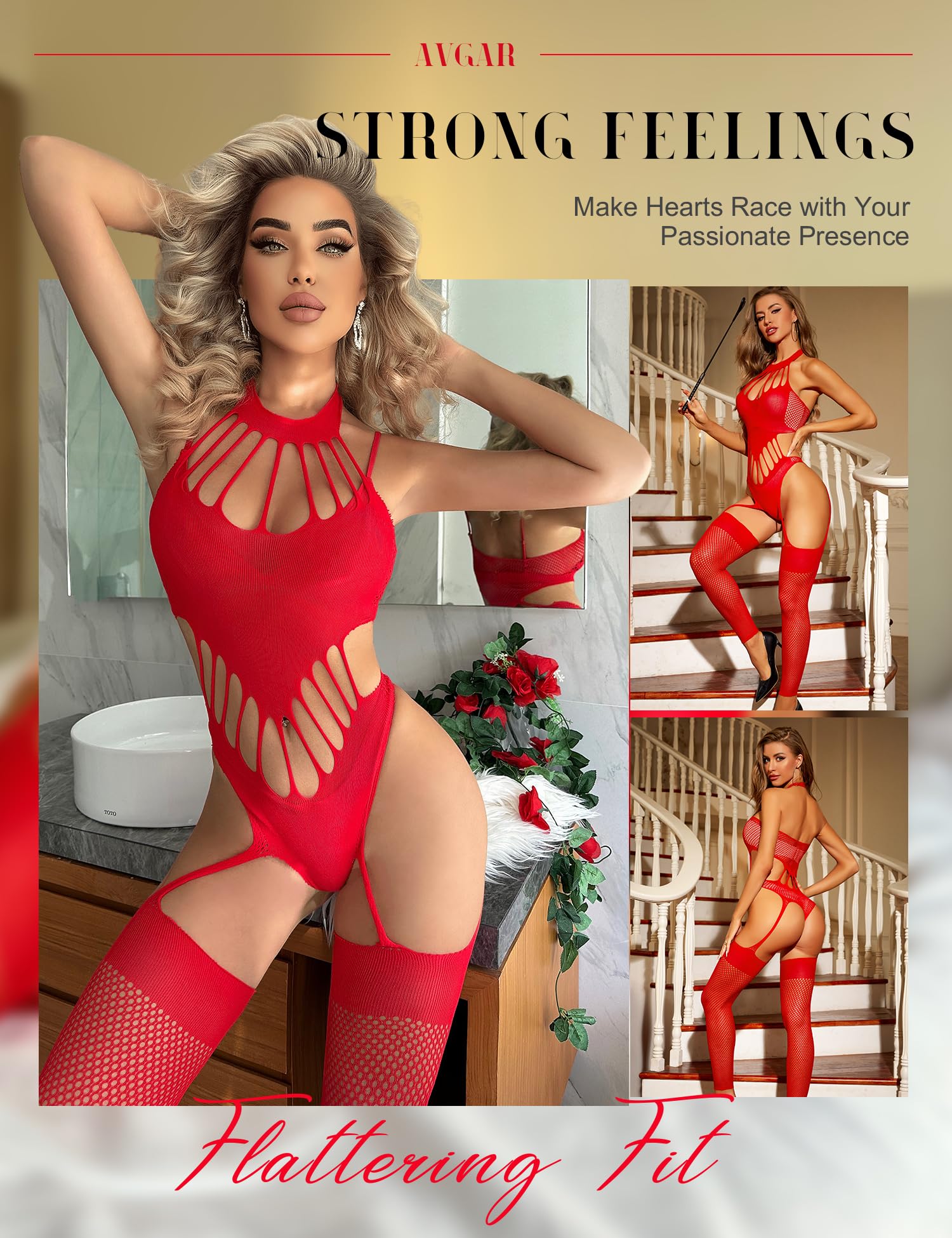 AVGAR Womens Fishnet Bodystocking Sexy Exotic Lingerie One Piece Lace Bodysuit Footless Stocking, Red