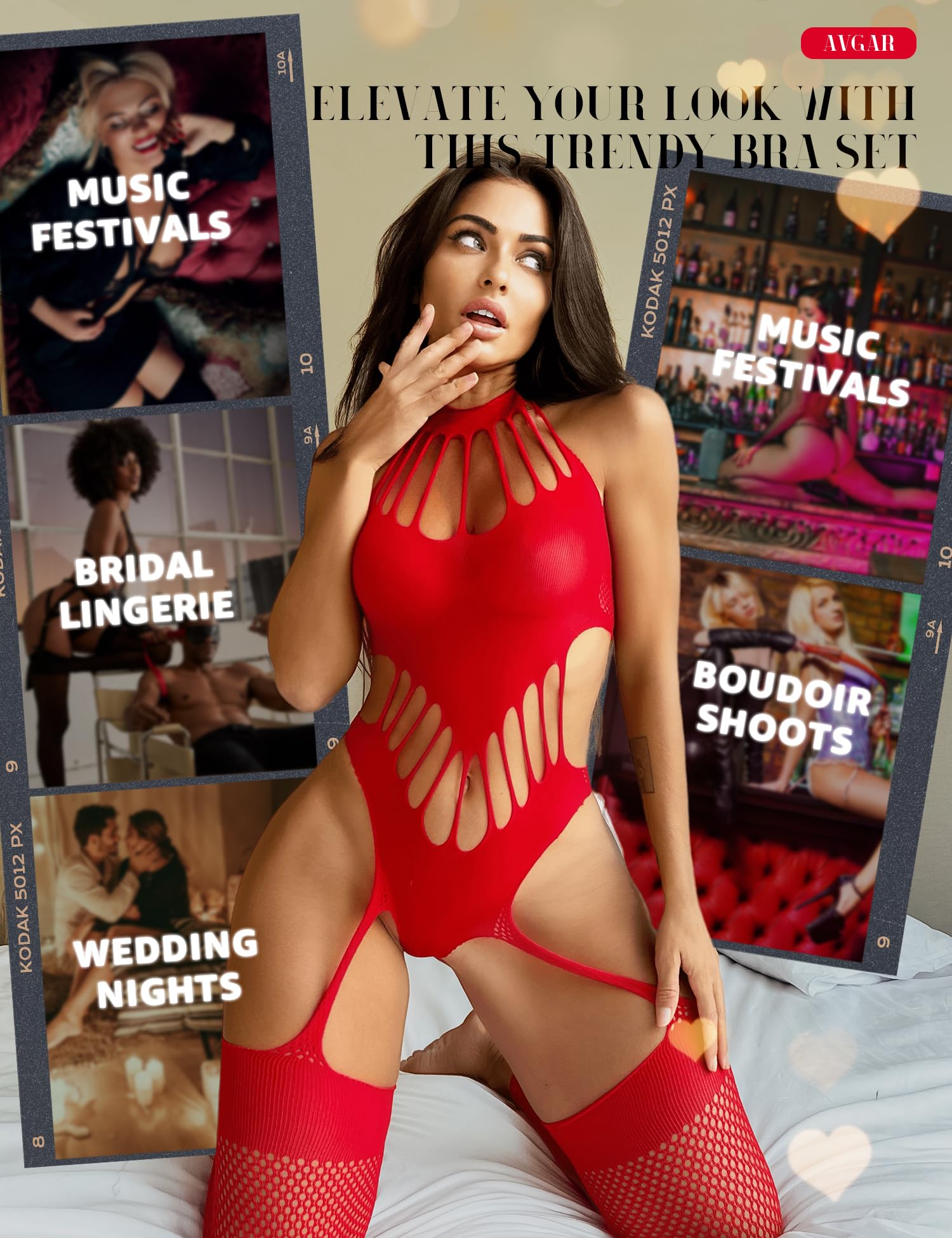 AVGAR Womens Fishnet Bodystocking Sexy Exotic Lingerie One Piece Lace Bodysuit Footless Stocking, Red