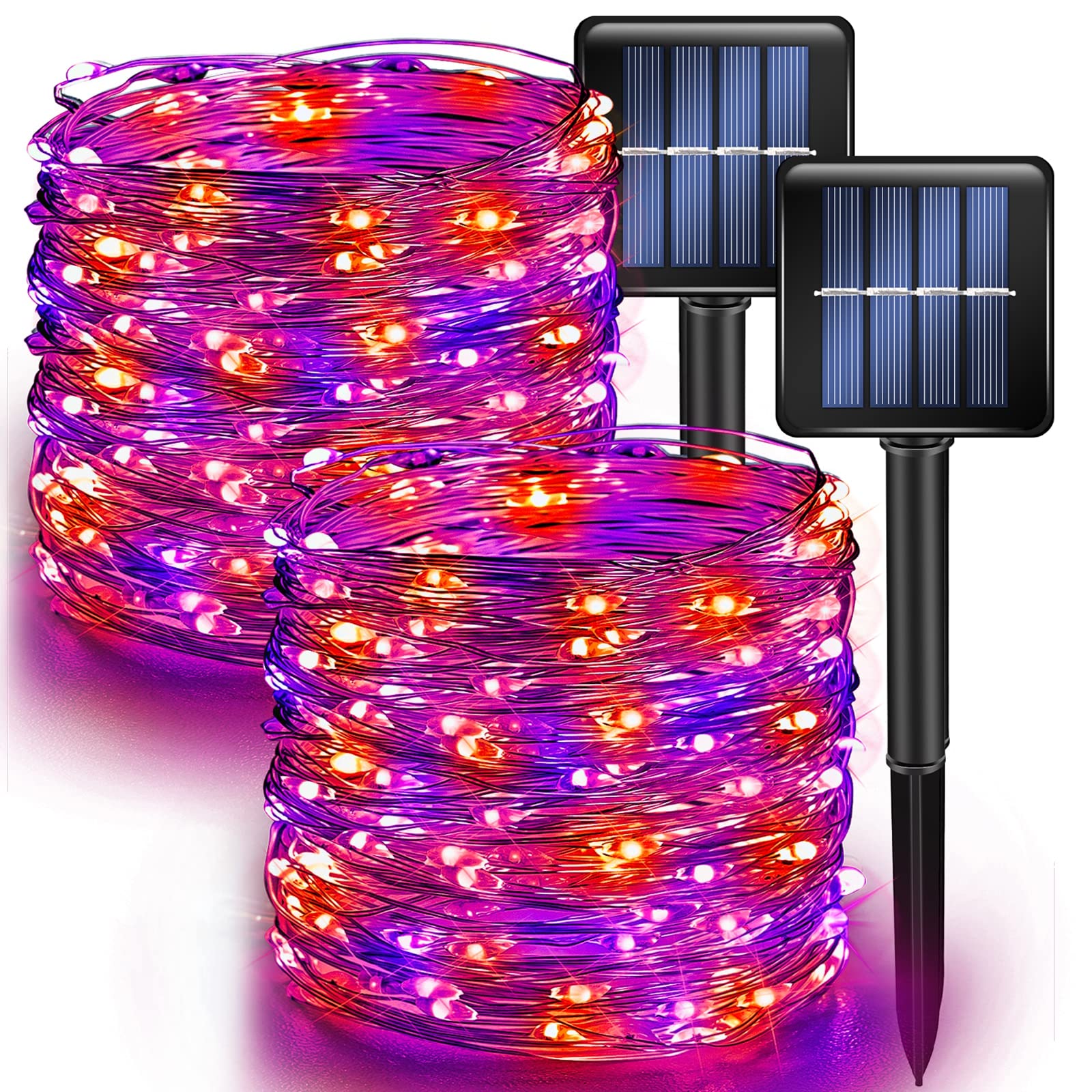 Dazzle Bright 2 Pack Purple and Orange Fairy String Lights, Total 80FT 240LED Solar Powered Fairy Lights with 8 Modes, Waterproof Copper Black Wire Lights for Outdoor Yard Party Halloween Decorations