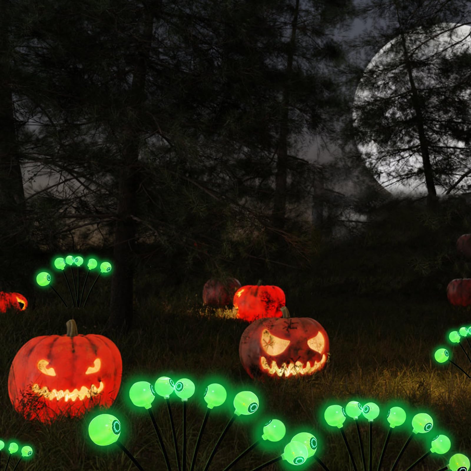 2 Pack Outdoor Halloween Decor Solar Garden Lights Outdoor-16LED Scary Eyeballs Swaying Firefly Lights with Halloween Party