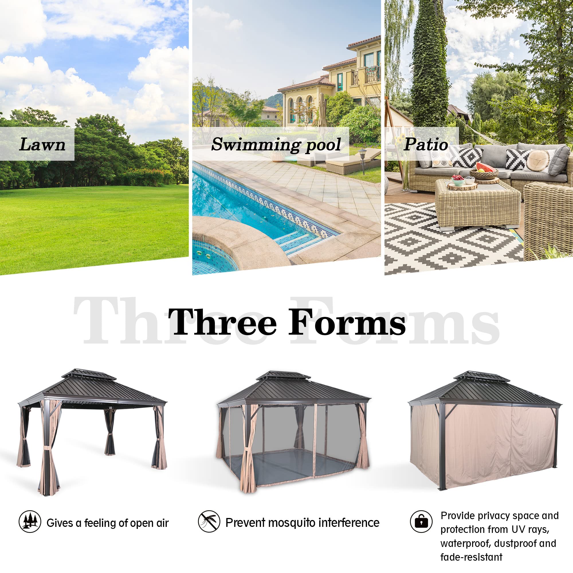Patio Tree 10' x 12' Patio Gazebo Non-Rust Aluminum Outdoor Hardtop Permanent Pergola Shelter Tent with Galvanized Steel Canopy Roof, Mosquito Netting and Privacy Curtain