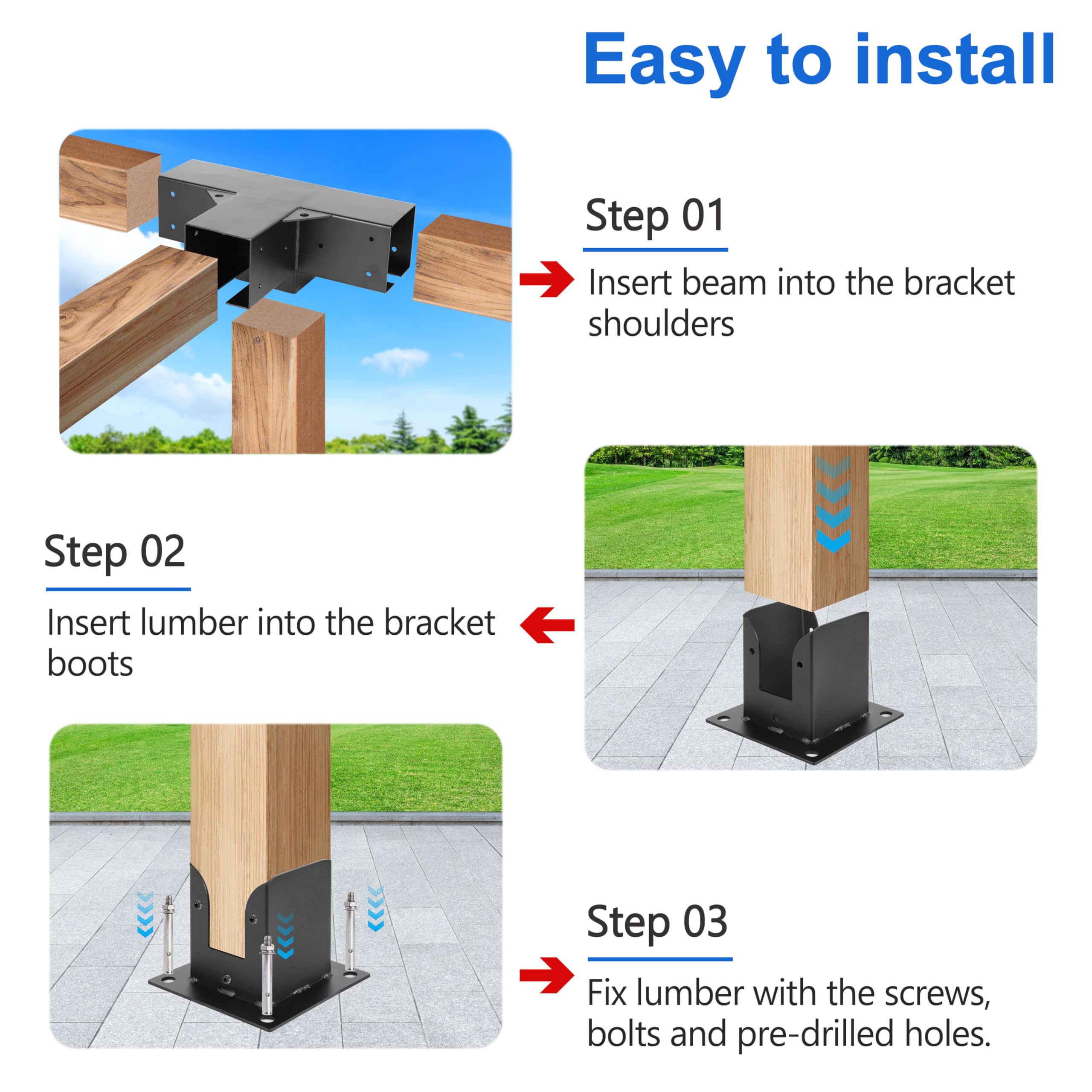 Wood Pergola Kit Bracket 4x4 – Stainless Steel 3-Way Pergola DIY Corner Bracket kit for 4x4 Wooden Beams for Gazebos, Patio Pergolas, Sheds, Black Finish (2 Pack)