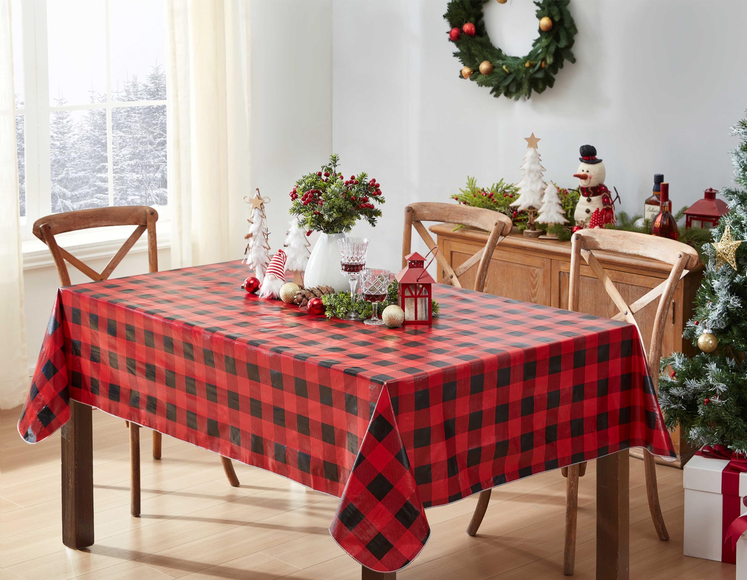 Newbridge Holiday Red and Black Buffalo Plaid Christmas Print Vinyl Flannel Backed Tablecloth, Country Rustic Red Black Cottage Check Xmas Wipe Clean Tablecloth, 60 Inch x 84 Inch Oblong/Rectangle