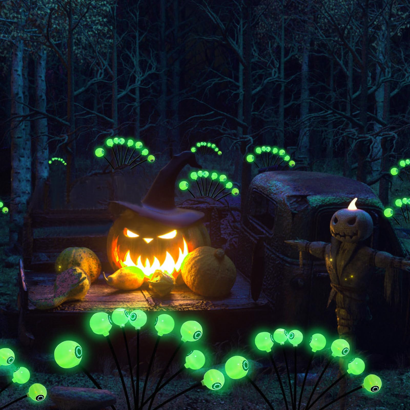 2 Pack Outdoor Halloween Decor Solar Garden Lights Outdoor-16LED Scary Eyeballs Swaying Firefly Lights with Halloween Party