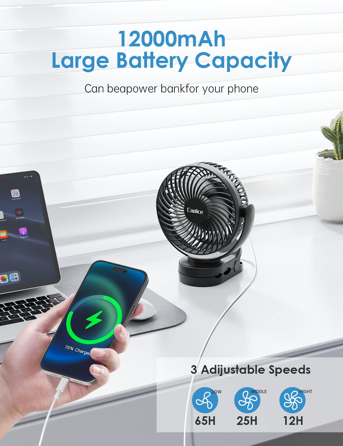 Camping Fan with Remote Control - 65Hrs 12000mAh Rechargeable Fan, 3 Speeds & Timing Battery Powered Fan with Light & Hook, Camp Fan for Tent, Battery Operated Fan for Camping, Black