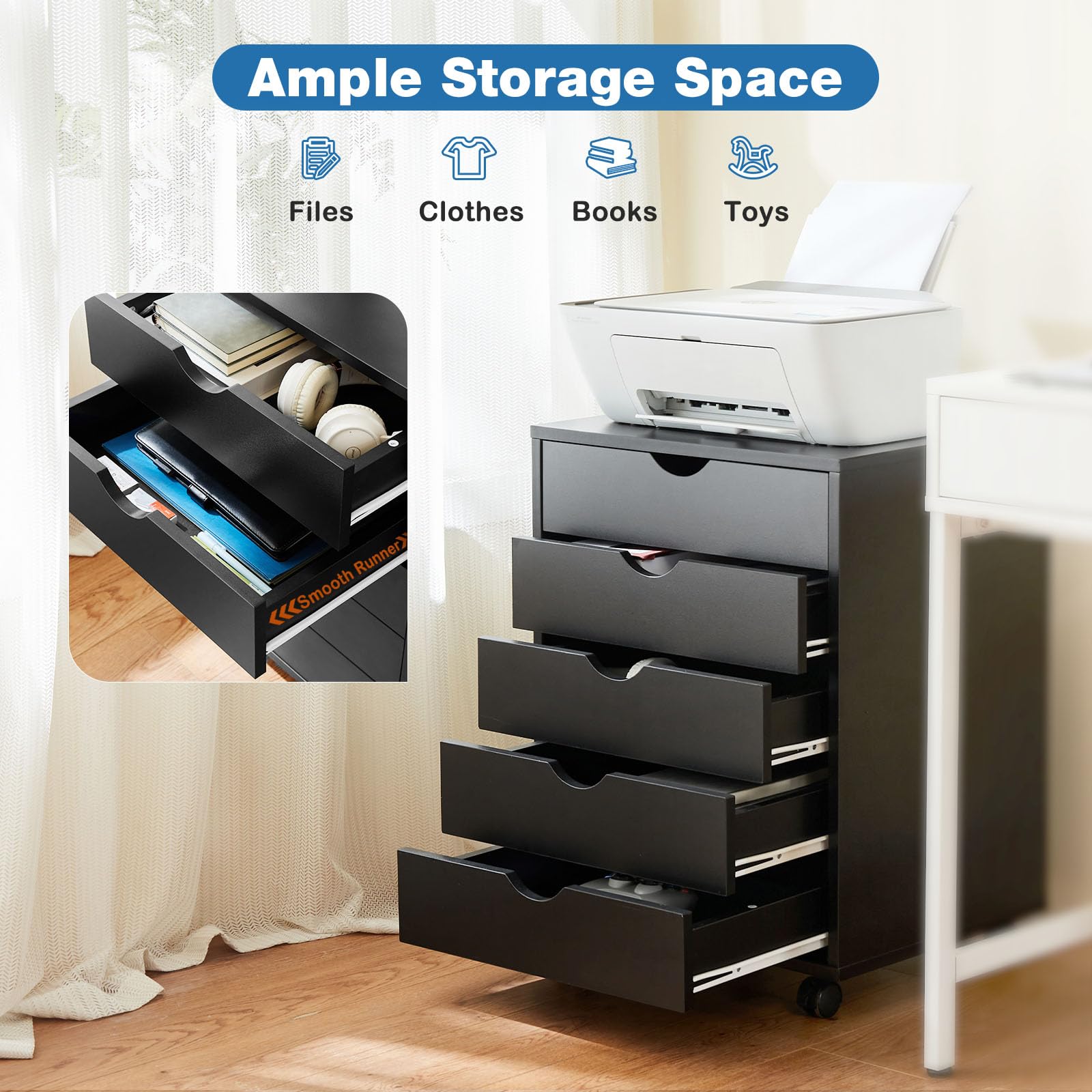 OLIXIS Chest Wood File Cabinet Rolling Organization Storage Dresser with Wheels for Home Office