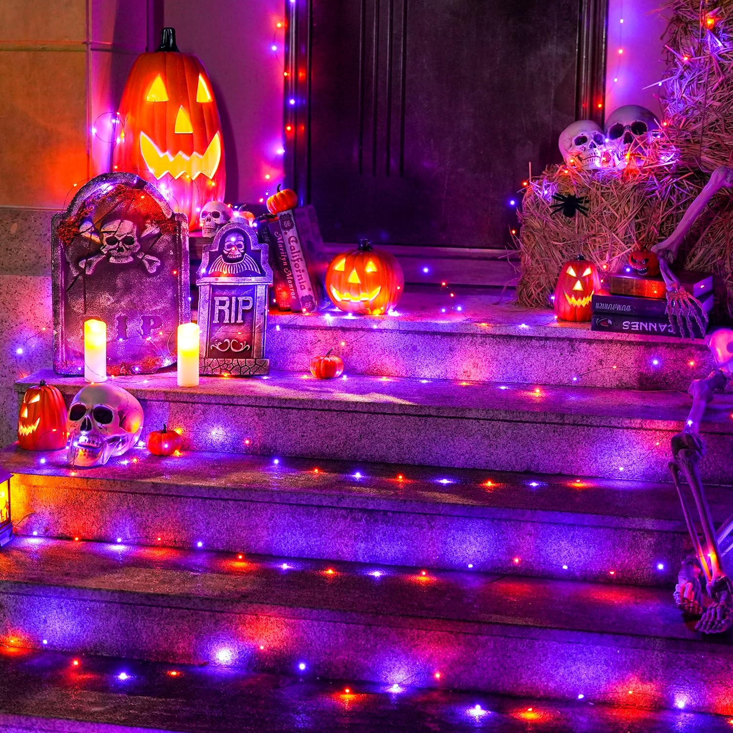 JMEXSUSS 66ft 200 LED Orange Purple Halloween Lights,2 Pack Solar Halloween String Lights, Outdoor Waterproof, 8 Modes Solar Fairy Lights for Garden Party Decorations