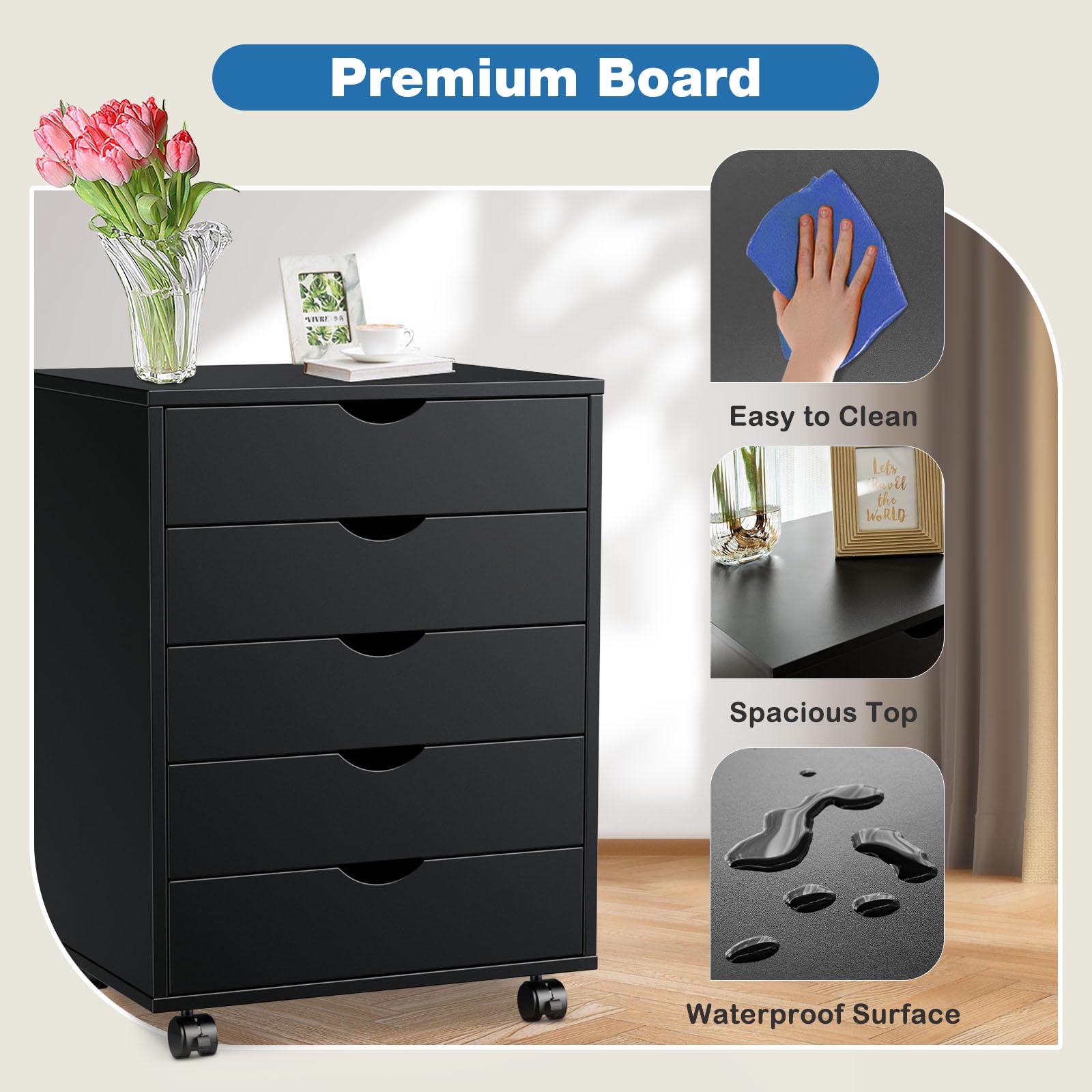 OLIXIS Chest Wood File Cabinet Rolling Organization Storage Dresser with Wheels for Home Office
