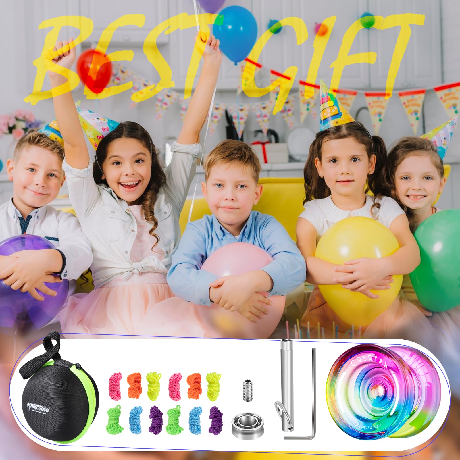 MAGICYOYO K2 Responsive Yoyo for Kids 8-12, Professional Yo yo for Beginners, Plastic Dual Function Yo-Yo with 12 Yoyo Strings, Yo-yos Case Bag + Yoyos Accessory Kit (Blue Pink Yellow Gradient)