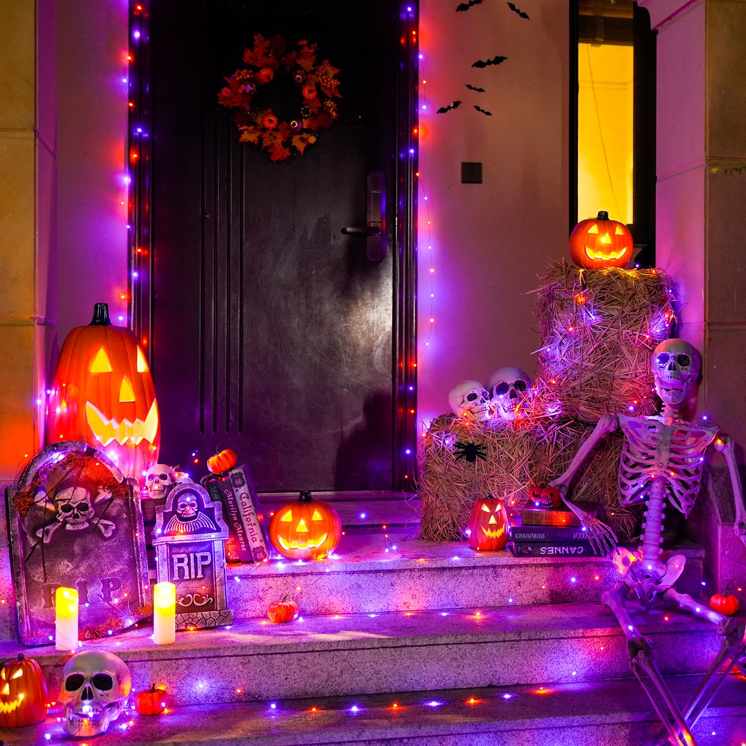 JMEXSUSS 66ft 200 LED Orange Purple Halloween Lights,2 Pack Solar Halloween String Lights, Outdoor Waterproof, 8 Modes Solar Fairy Lights for Garden Party Decorations