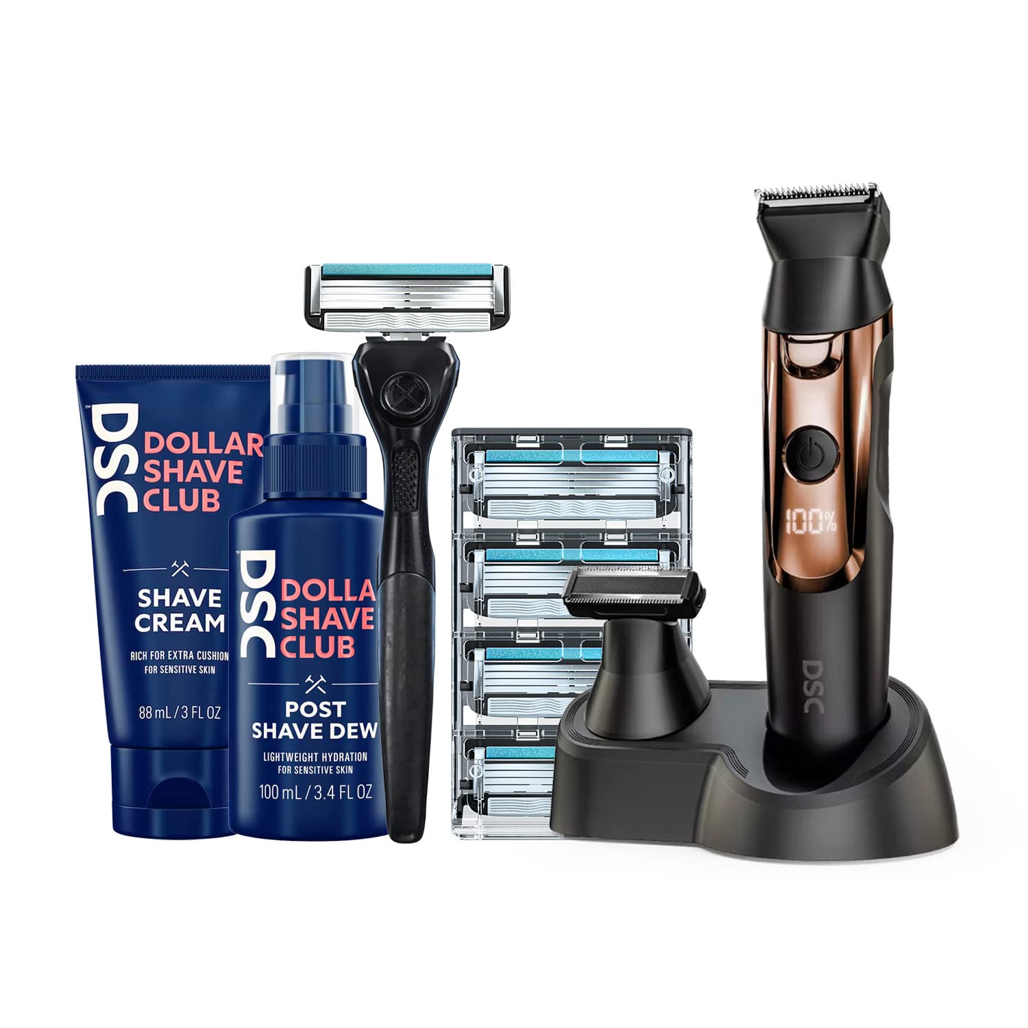 Dollar Shave Club | The Fundamental Grooming Set | Double Header Electric Trimmer, Shave Cream (3 oz), 4 Blade Razor Cartridges (4), Post Shave Dew (3.4 oz) | Our Best Shave Bundle Yet, Black